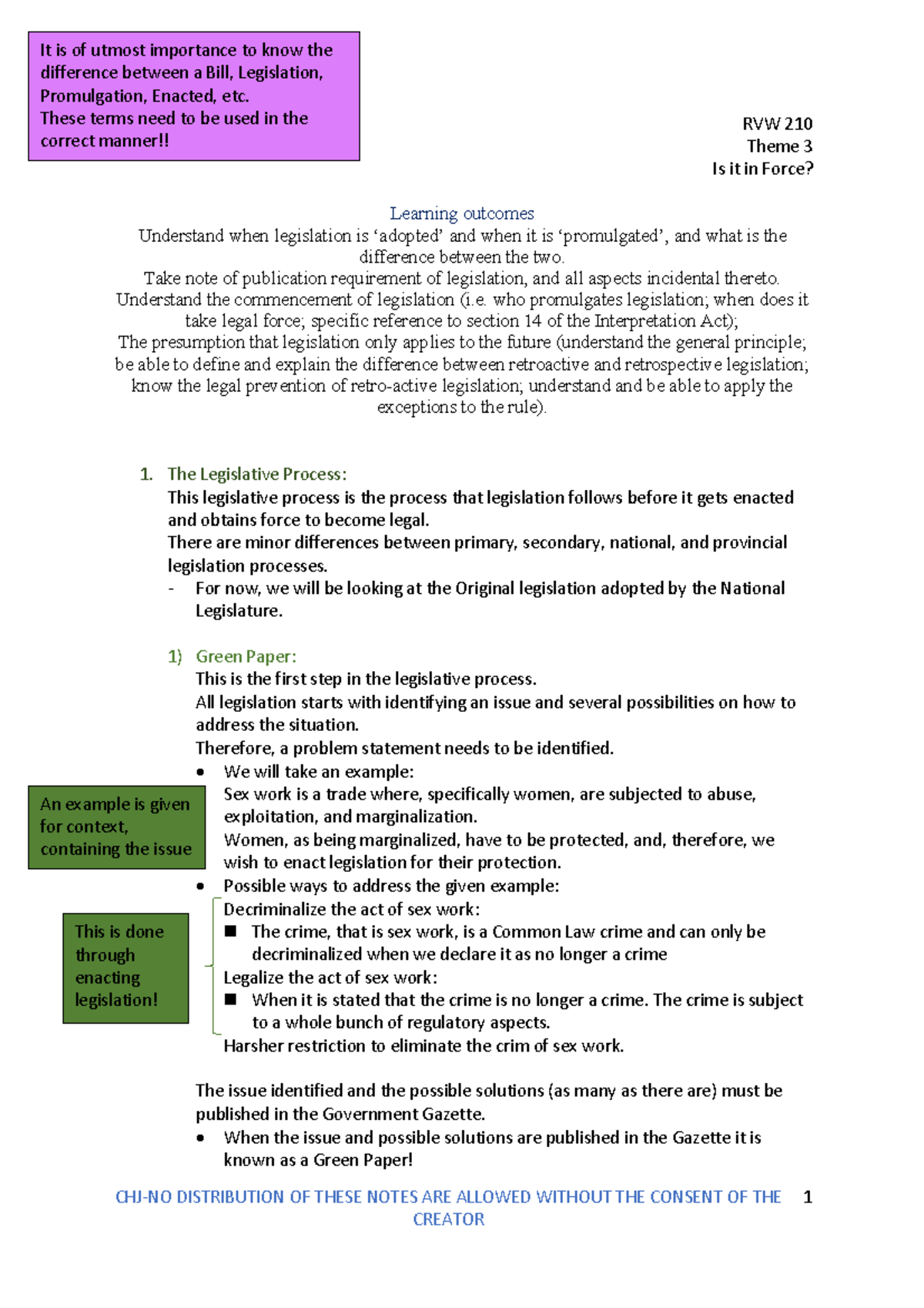 RVW 210 Theme 3: Understanding the Legislative Process and Its Implications - Studocu