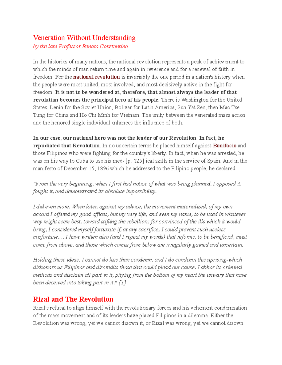 KURSONG RIZAL ARALIN - Veneration Without Understanding by the late ...