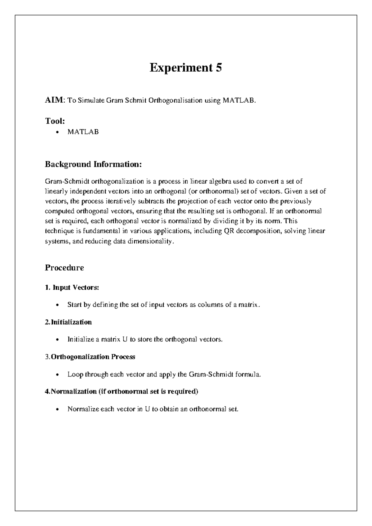 MATLAB Simulation of Gram-Schmidt Orthogonalization (Experiment 5 ...