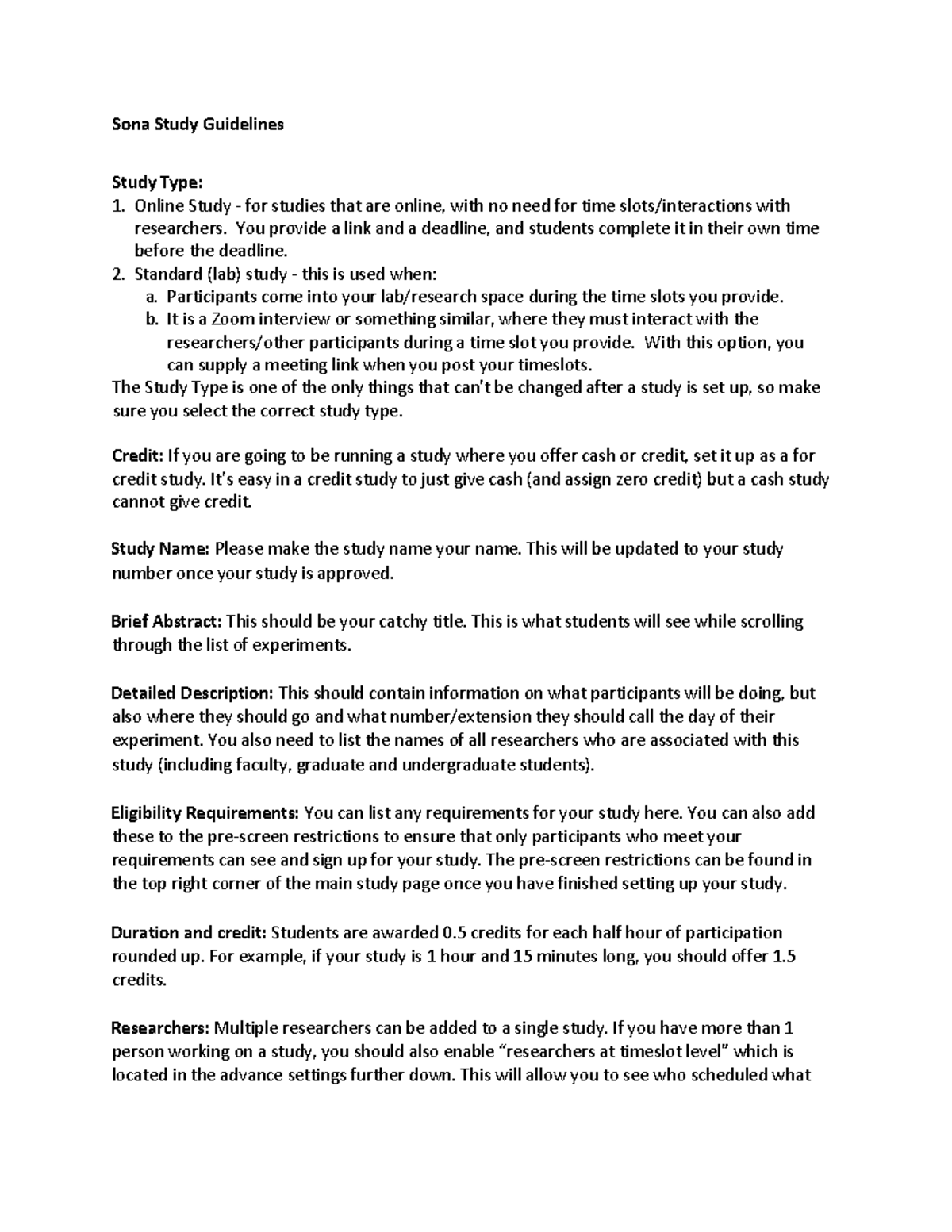 Sona Study Guidelines: Types, Credit & Requirements Details - Studocu