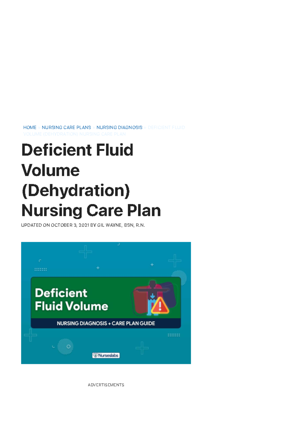 Deficient Fluid Volume (Dehydration) Nursing Care Plan - NURS 301 - Studocu