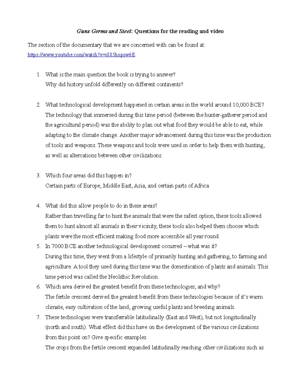 Week One - Guns, Germs and Steel - Reading & Video Questions - Studocu