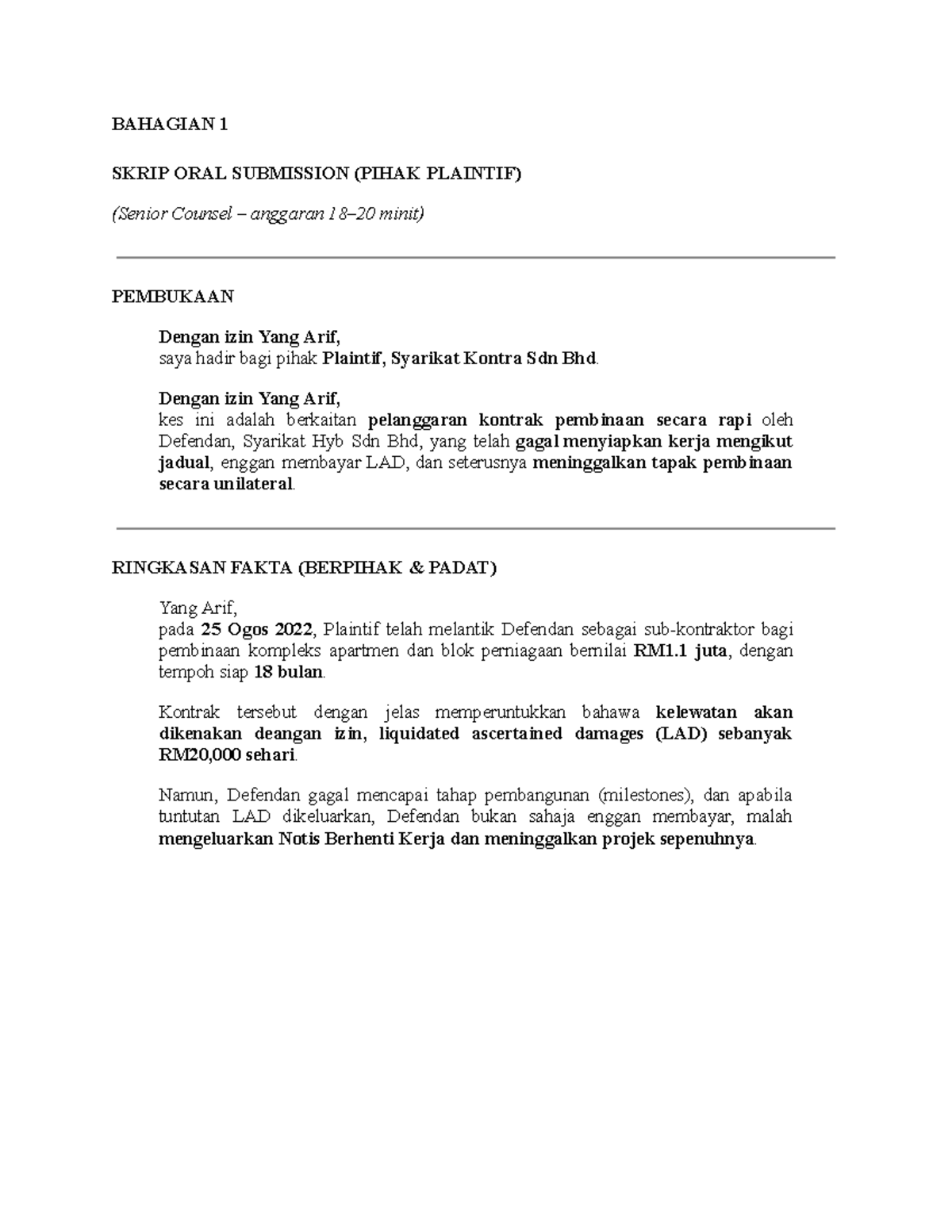 BAHAGIAN 1 & 2 SKRIP ORAL PENYERAHAN (PIHAK PLAINTIF) - Studocu