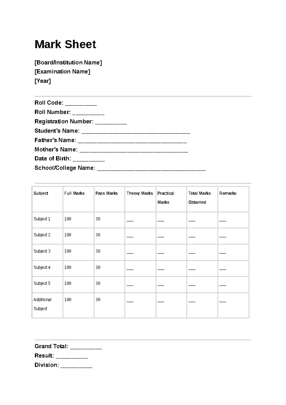 Mark Sheet for Roll Code 50920 - Exam Results Summary - Studocu