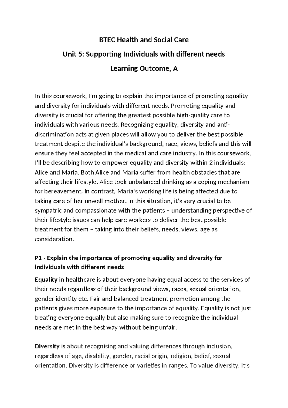 BTEC HSC Unit 5 Case Study: Promoting Equality & Diversity in Care ...