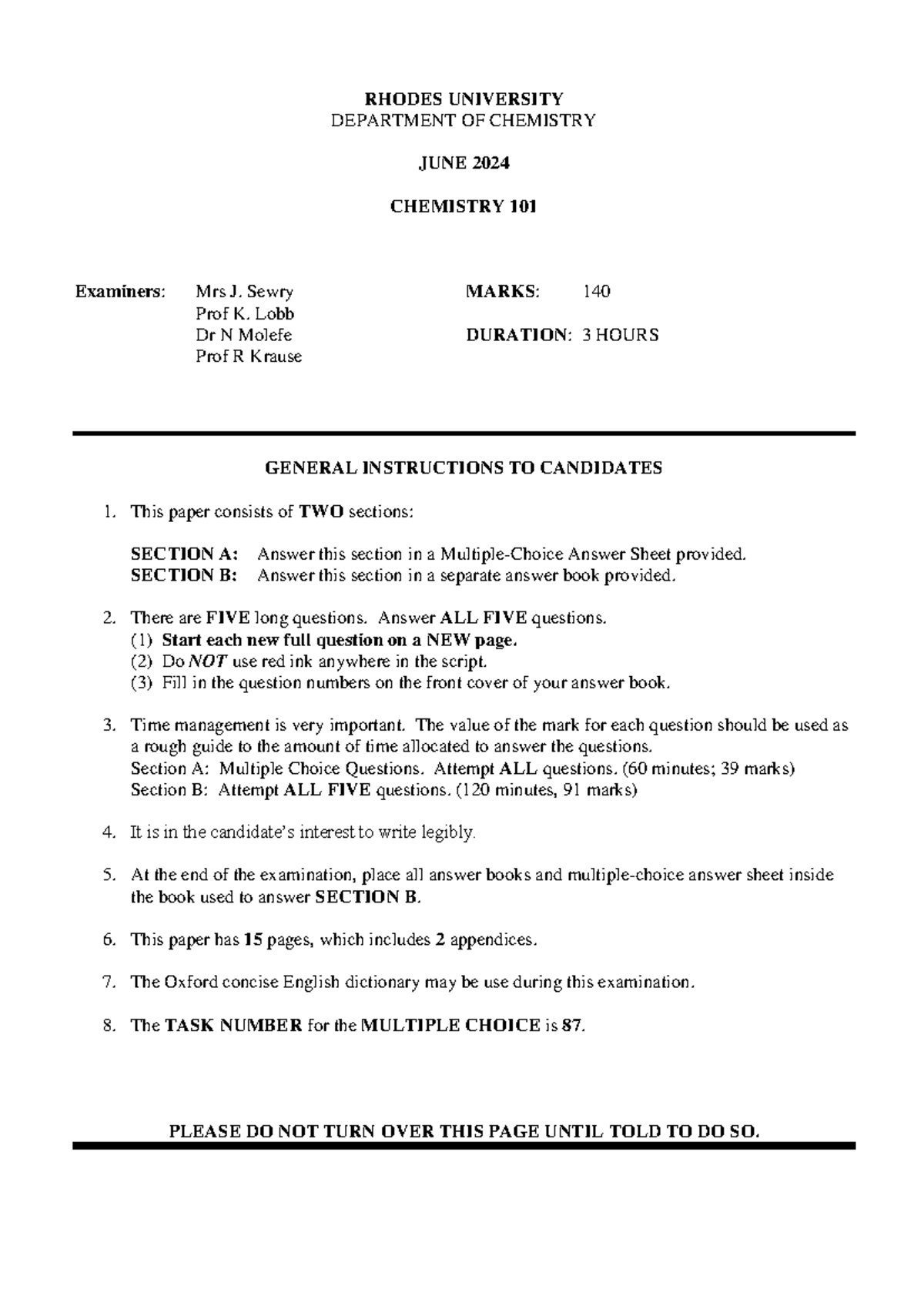 Chemistry 101 June 2024 Final Exam Guidelines and Instructions - Studocu