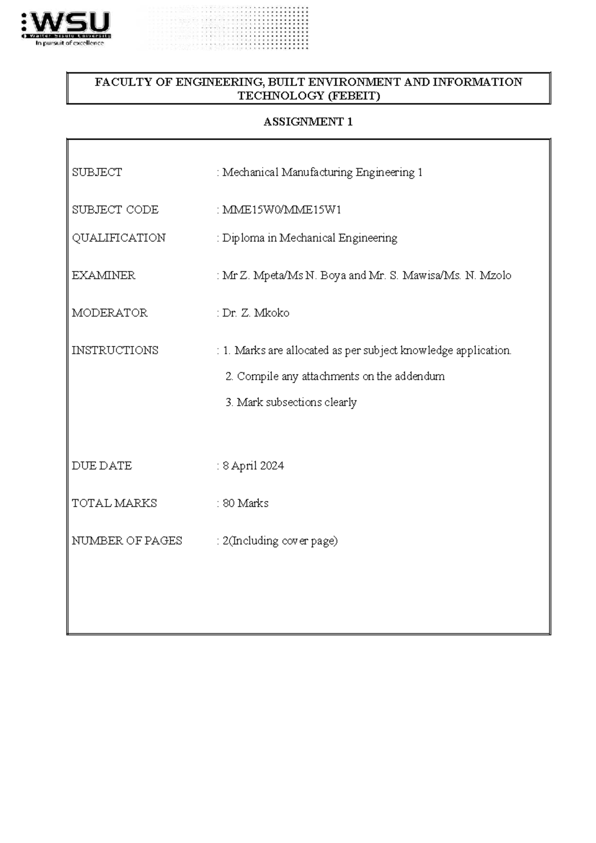 MME15W0 Final Assignment 1: Health & Safety in Manufacturing 2024 - Studocu