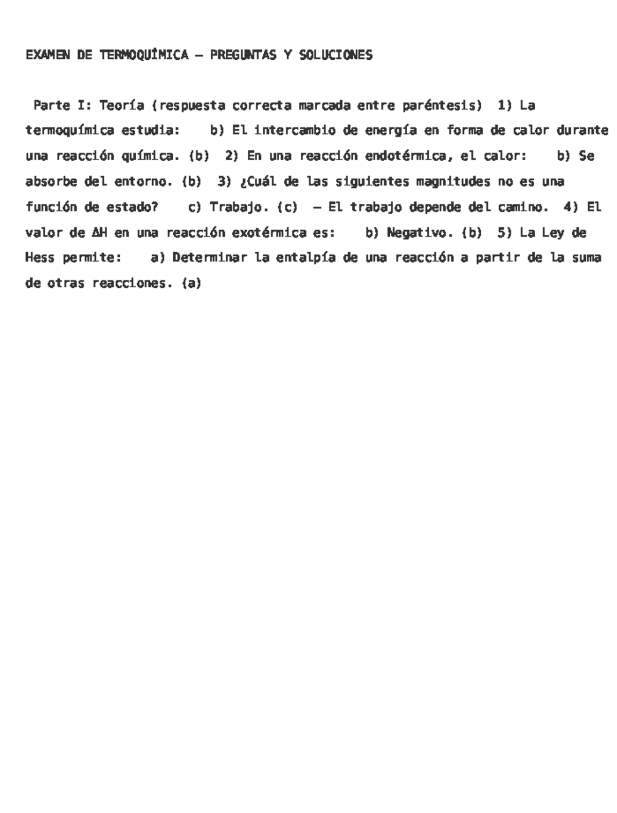 EXAMEN DE TERMODINÁMICA Y TERMOCHEMIA: PREGUNTAS Y SOLUCIONES - Studocu