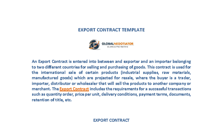 EXPORT CONTRACT TEMPLATE: Sample Agreement for International Sales ...