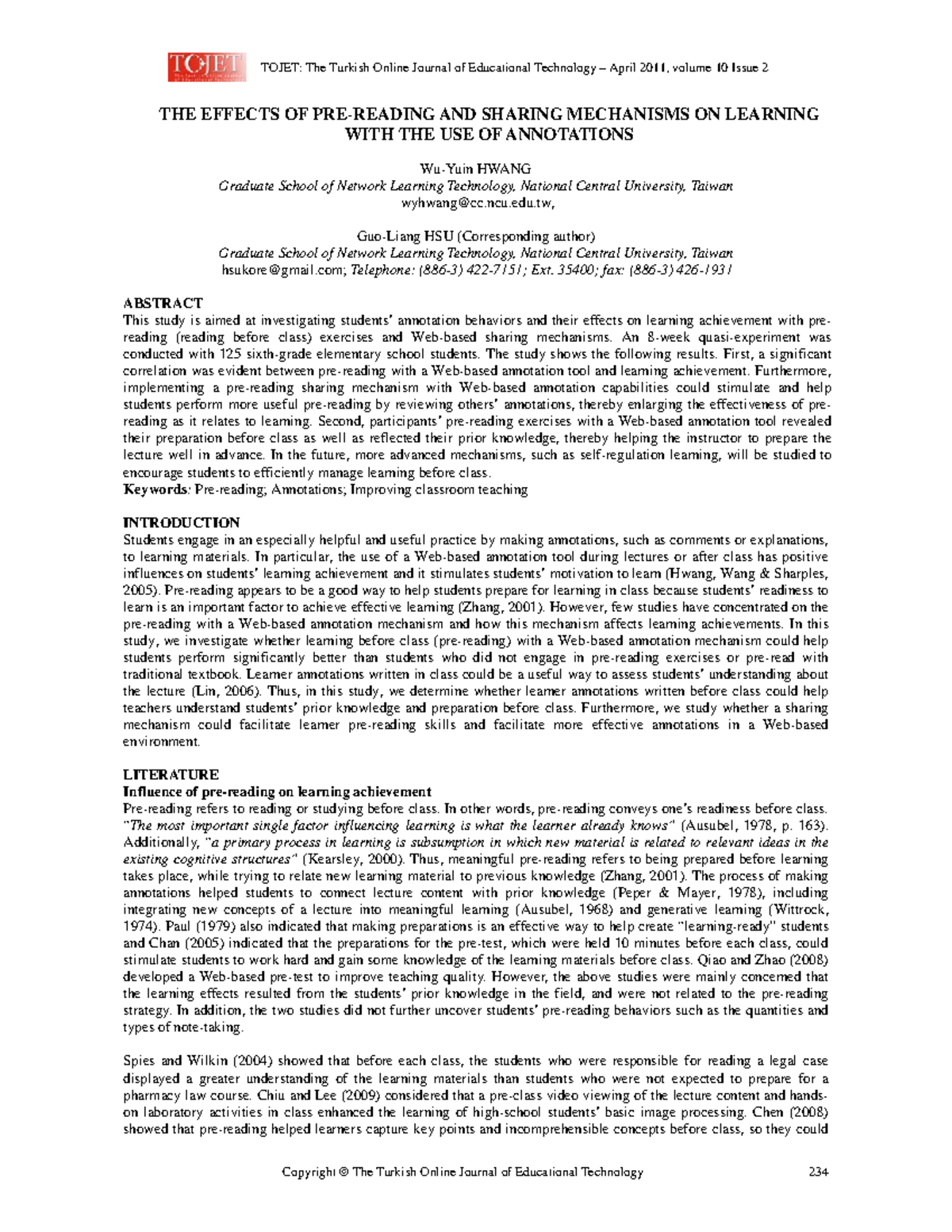 Influence of Pre-Reading & Annotation Sharing on Student Learning ...