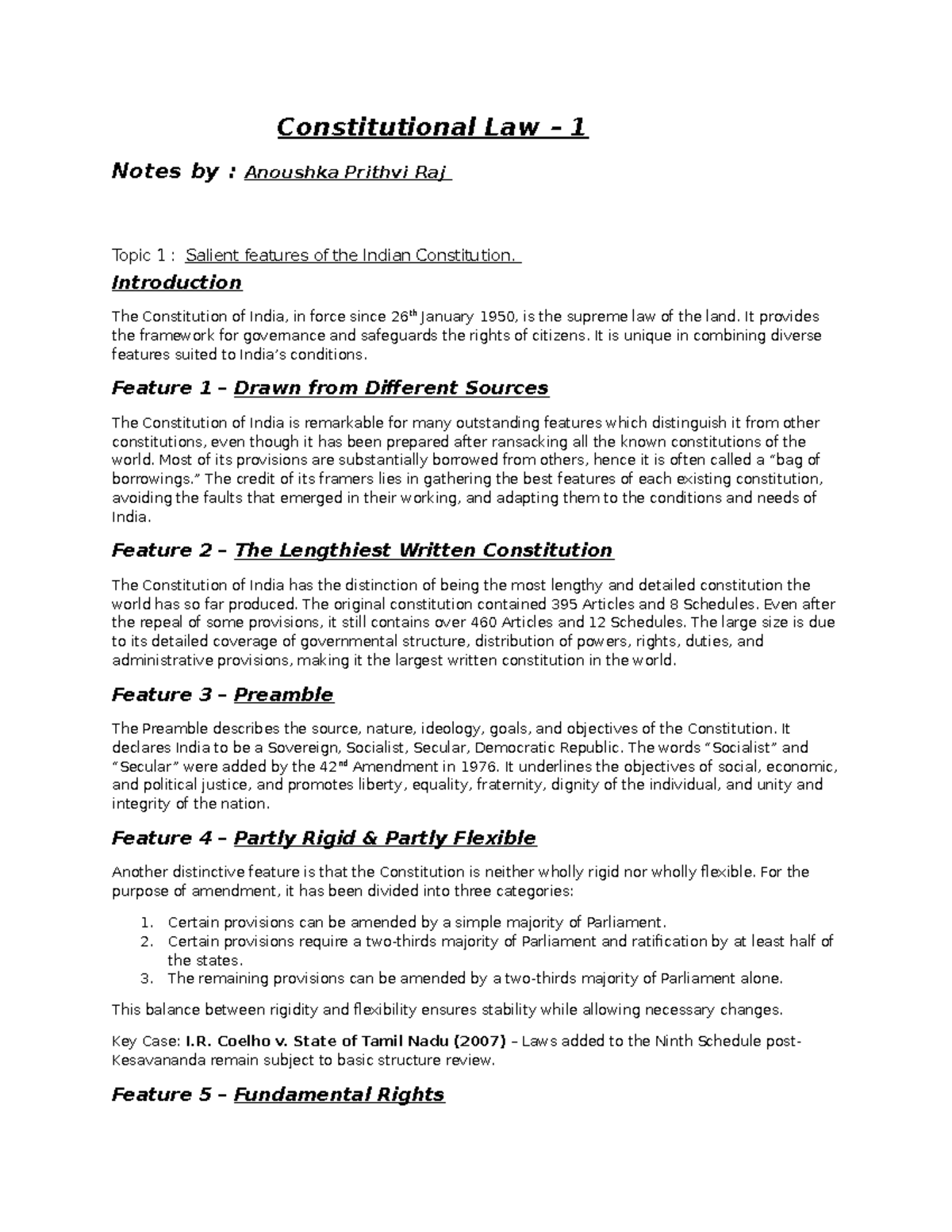 Constitutional Law 1 Notes: Key Features of the Indian Constitution ...