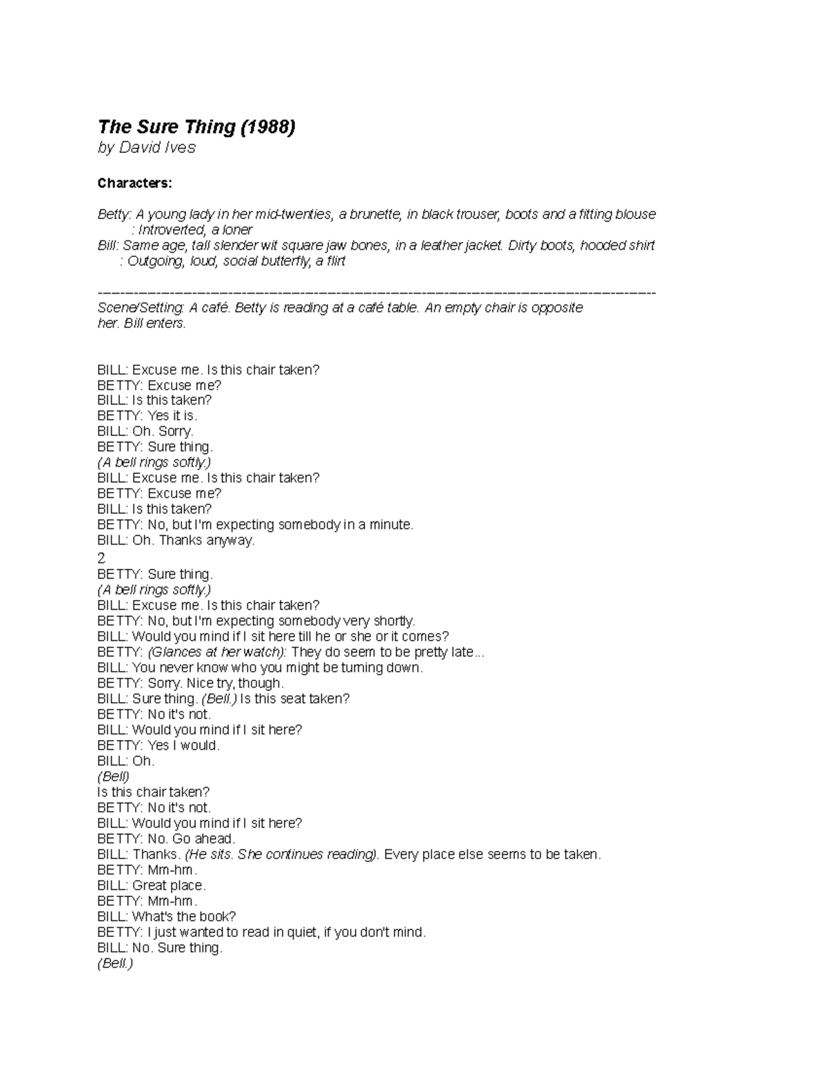 The Sure Thing (1988) by David Ives - Character Analysis and Scenes - Studocu