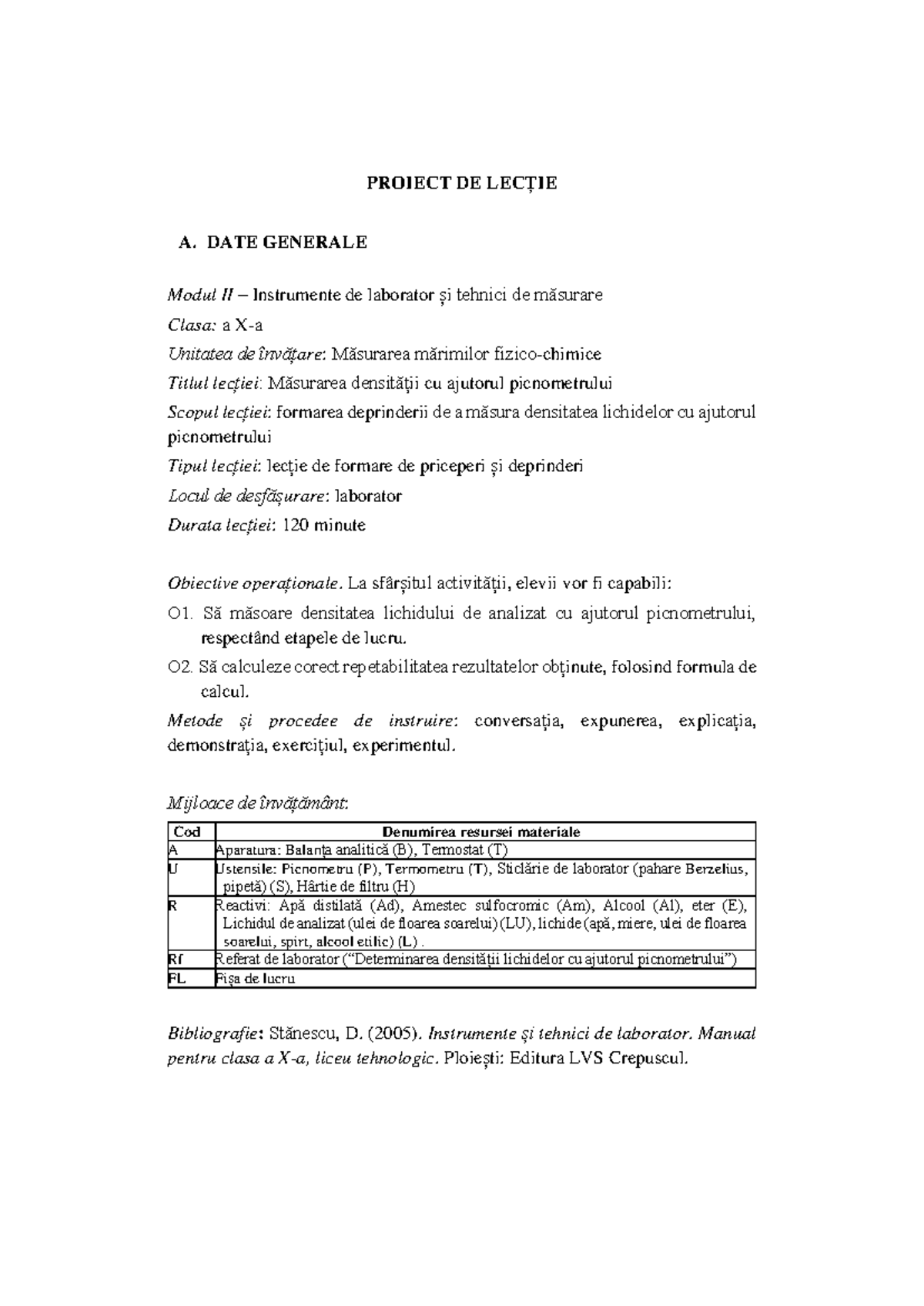 Model Proiect de Lecție 2: Măsurarea Densității cu Picnometrul - Clasa ...