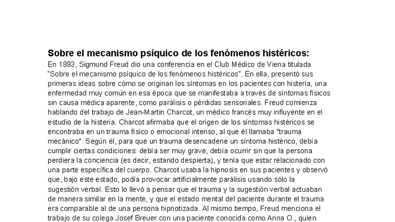 Freud 1 - Primer Parcial: Mecanismos Psíquicos en la Histeria - Studocu
