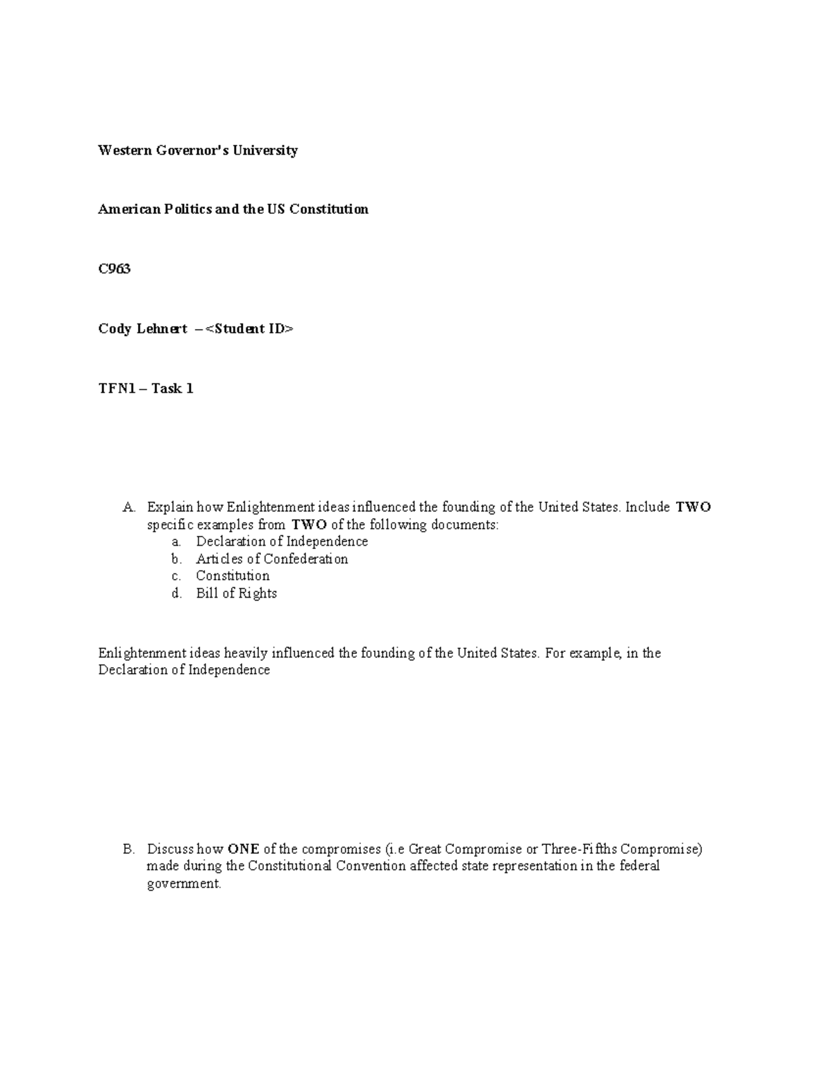 C963 American Politics: Enlightenment Influence & Compromises in US ...