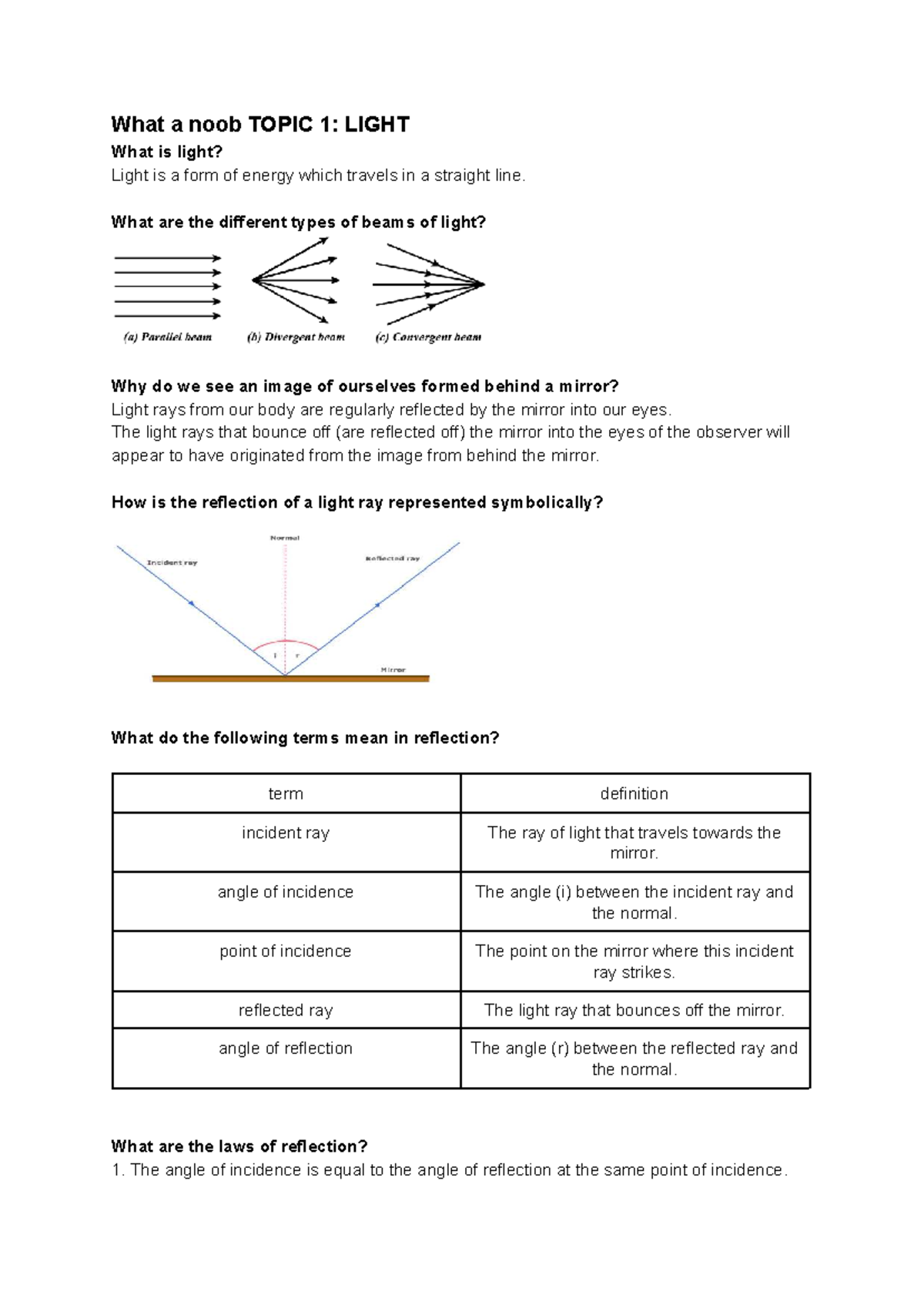 Science Notes - TOPIC 1: LIGHT and Chemical Changes - Studocu