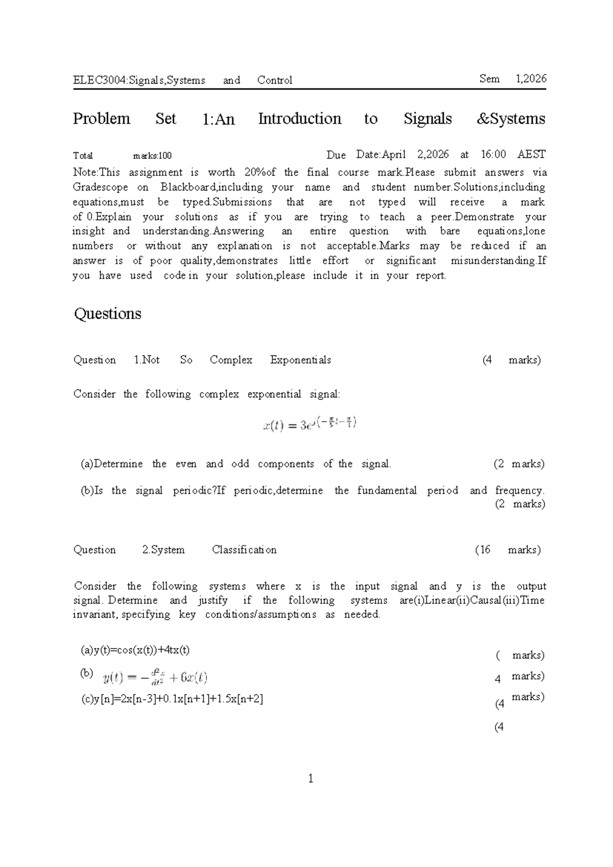 ELEC3004: Signals and Systems Problem Set 1 - Sem 1, 2026 - Studocu