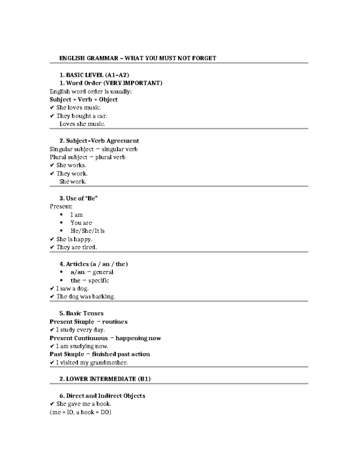 ENGLISH GRAMMAR NOTES: BASIC TO INTERMEDIATE LEVEL (B1-B2) - Studocu