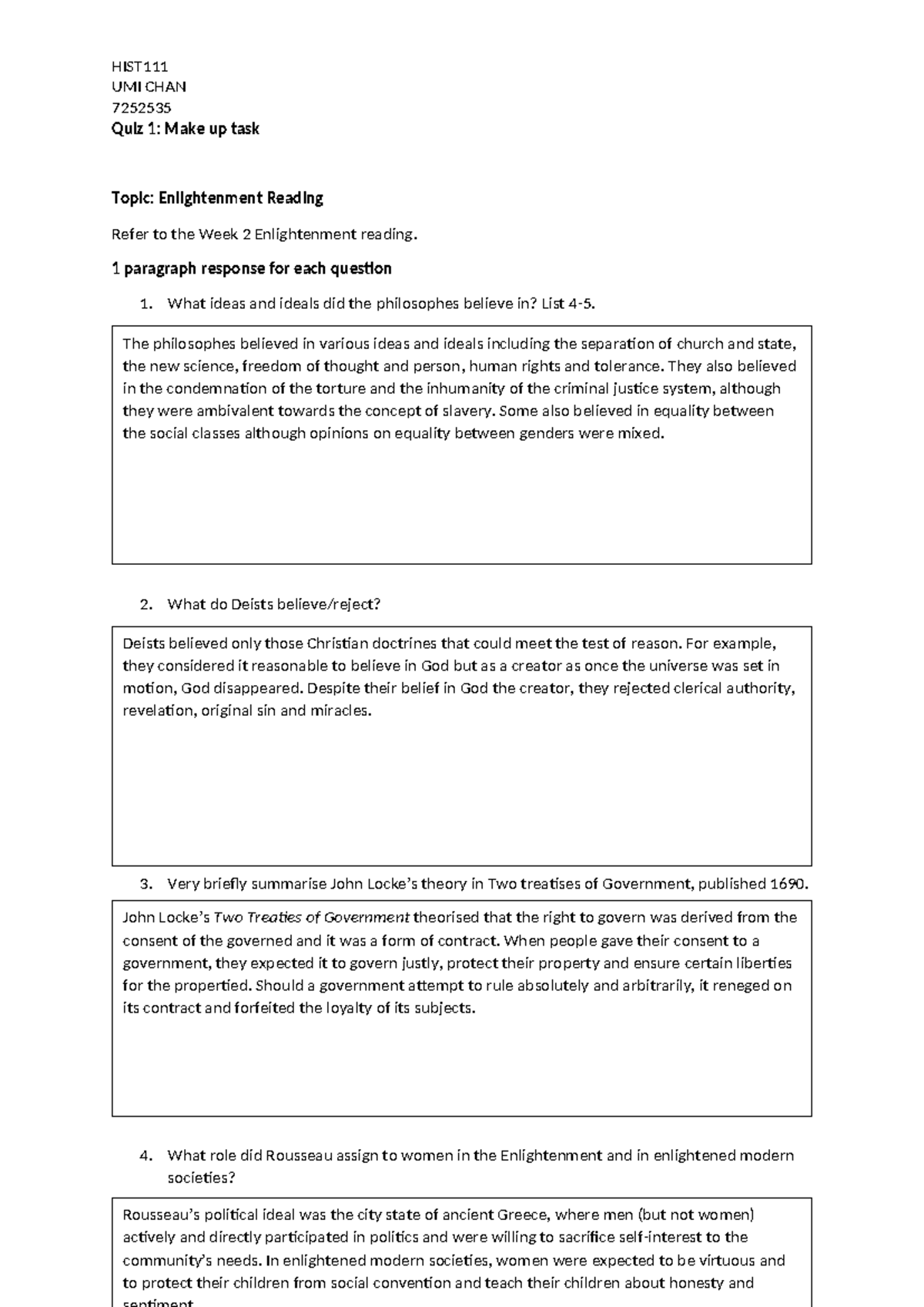 UMI CHAN 7252535 Quiz 1: Enlightenment Ideas and Philosophes - Studocu