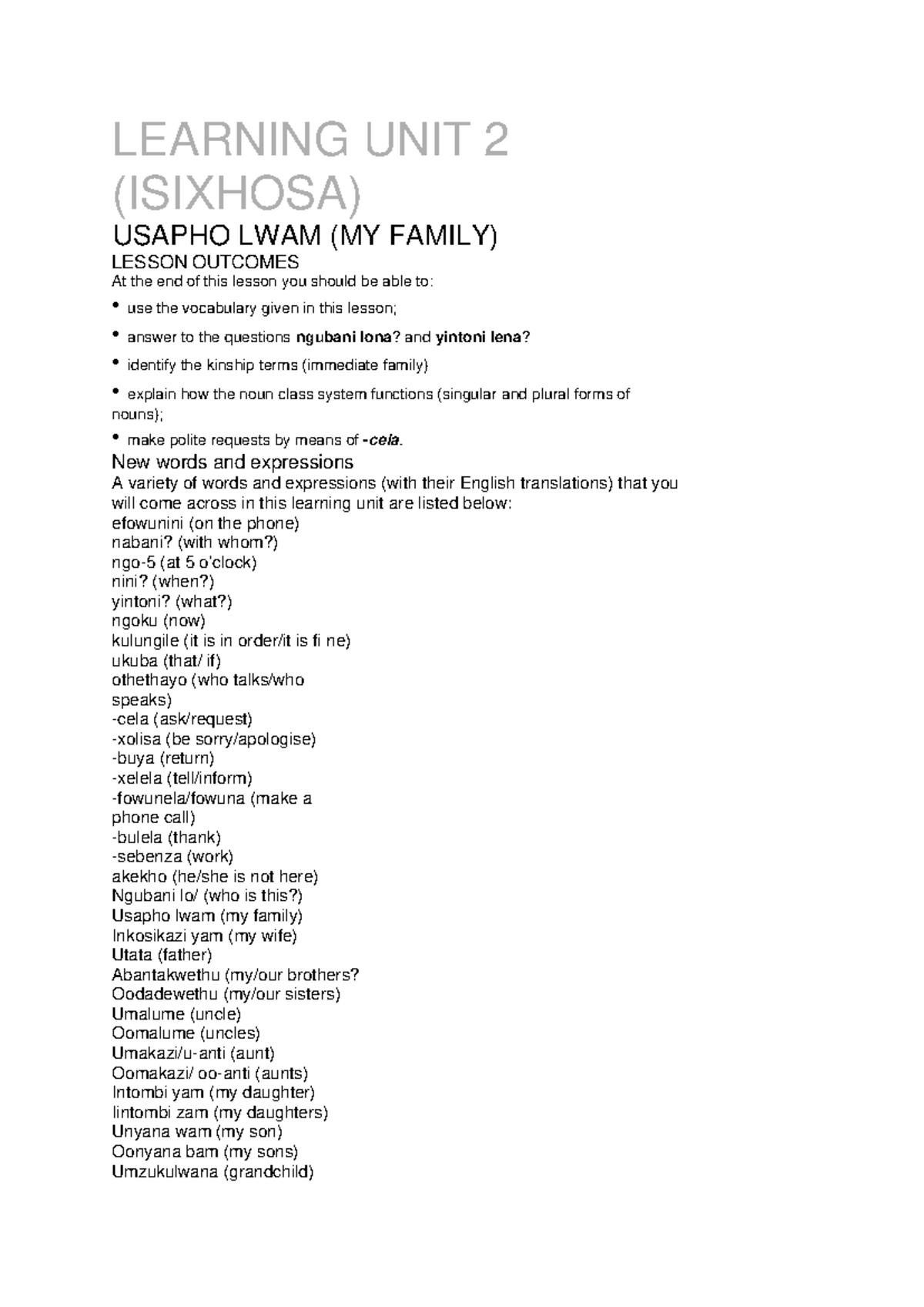 Learning UNIT 2 isixhosa - LEARNING UNIT 2 (ISIXHOSA) 2 USAPHO LWAM (MY ...