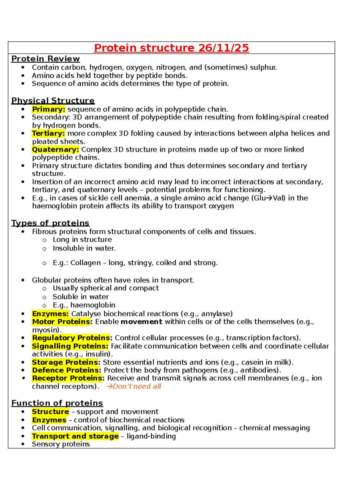 Bio Notes 26: Protein Structure, Genetics, and Human Evolution - Studocu