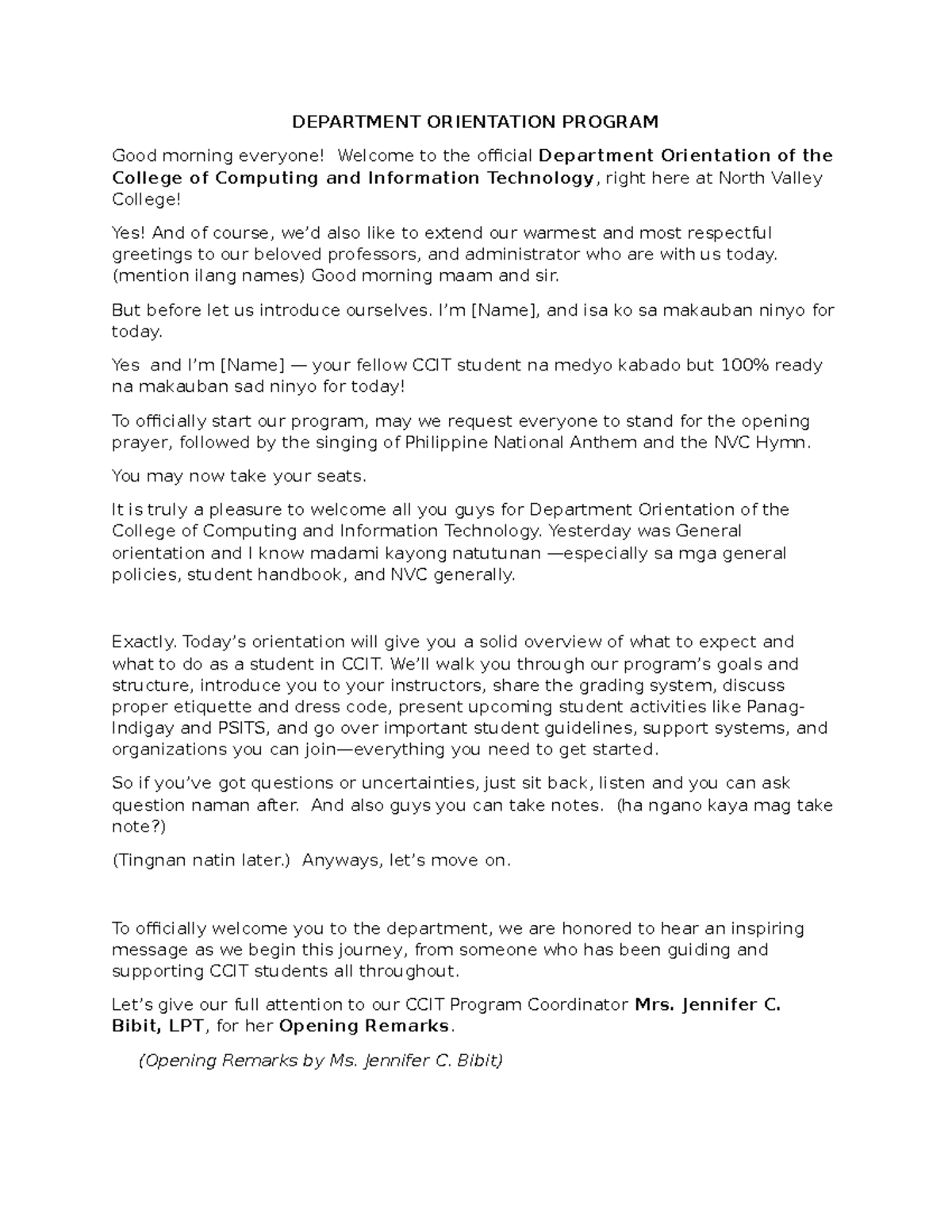 CCIT 101: Department Orientation Program Script - Studocu