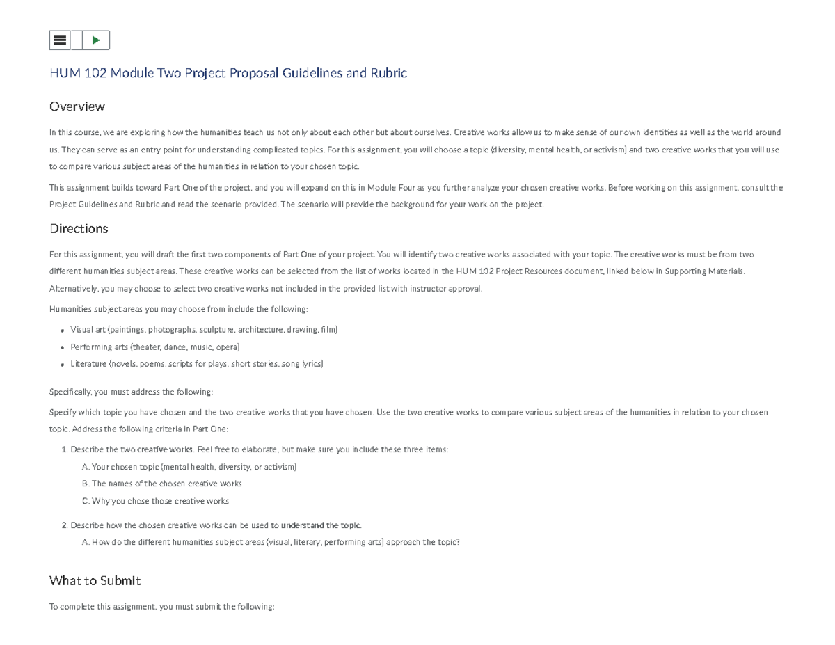 HUM 102 Module Two Project Proposal: Guidelines and Rubric Insights - Studocu