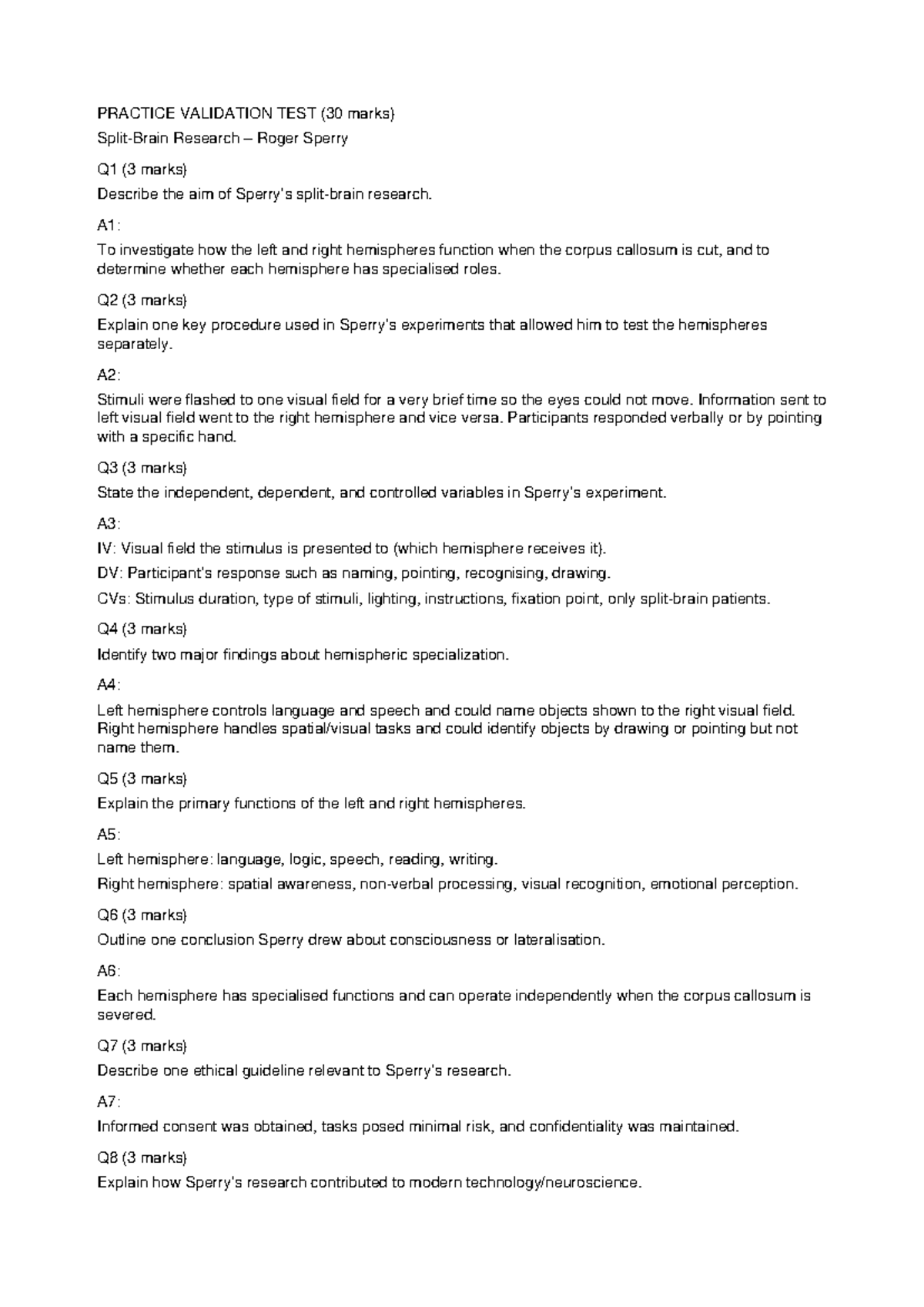 PRACTICE VALIDATION TEST: Split Brain Research (30 marks) - Studocu