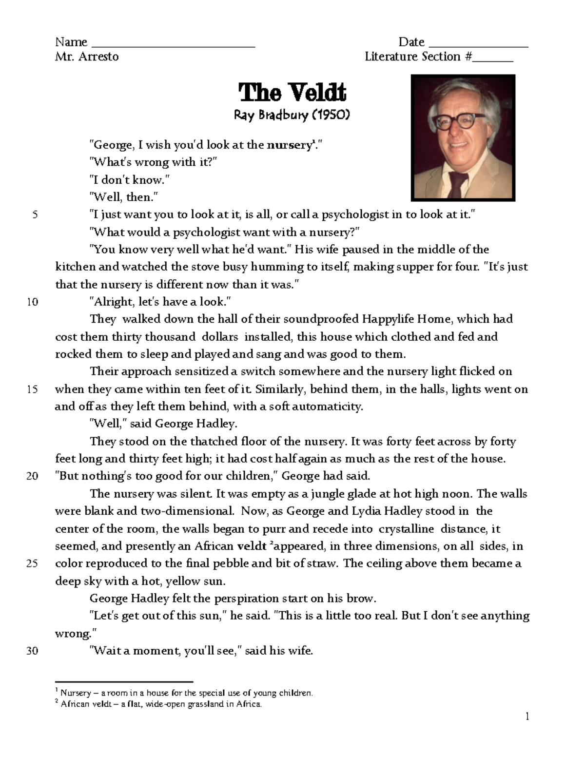 The Veldt - Ray Bradbury (Literature Analysis) - Studocu