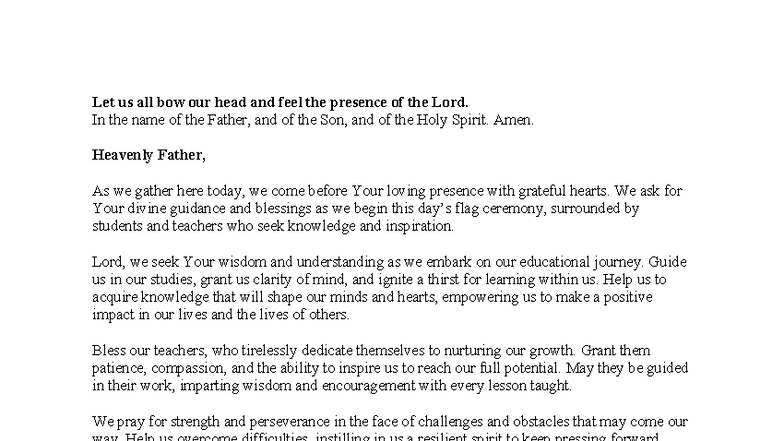 Prayer - Let us all bow our head and feel the presence of the Lord. In ...