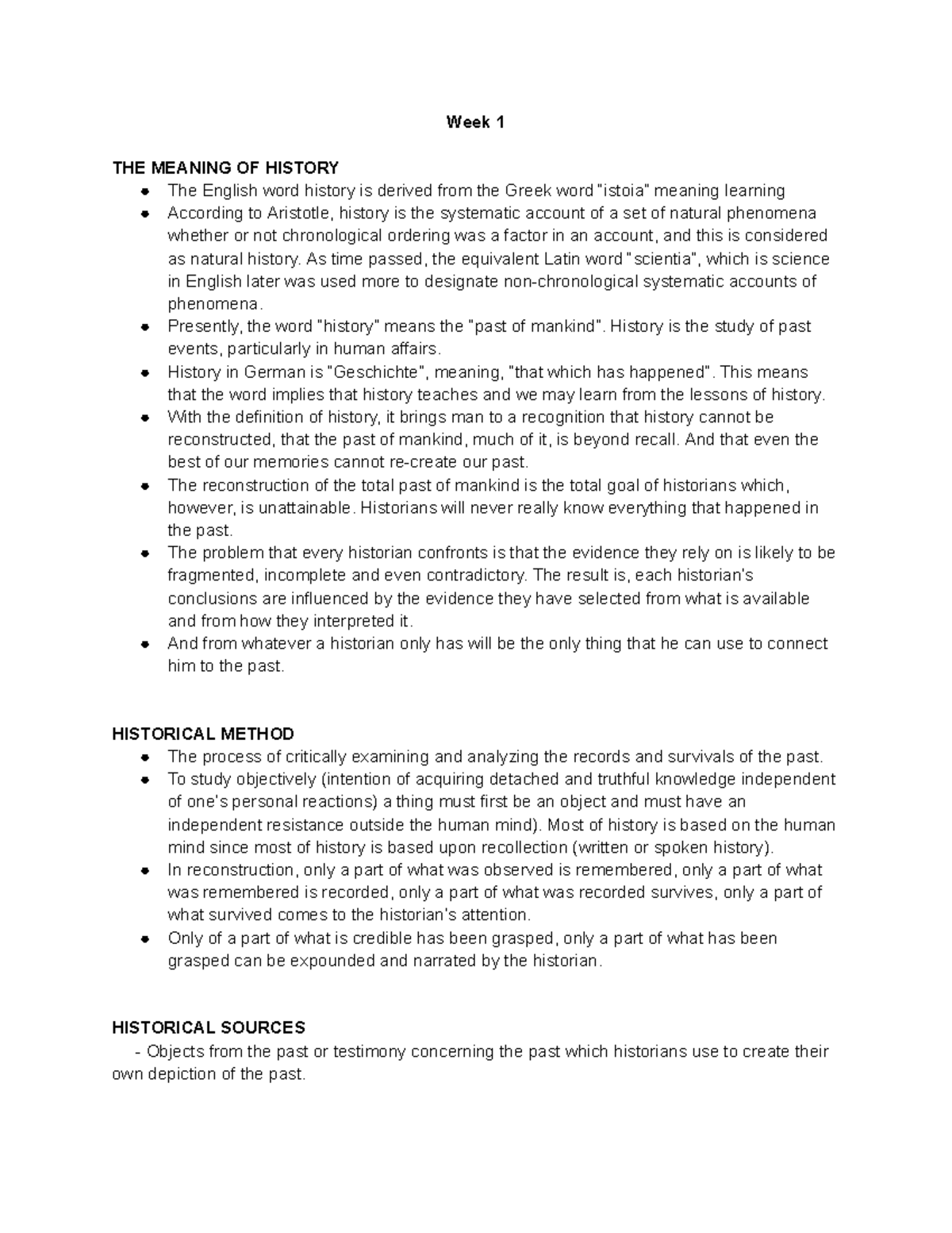 RIPH W1 - week 1 lecture - Week 1 THE MEANING OF HISTORY The English word history is derived ...