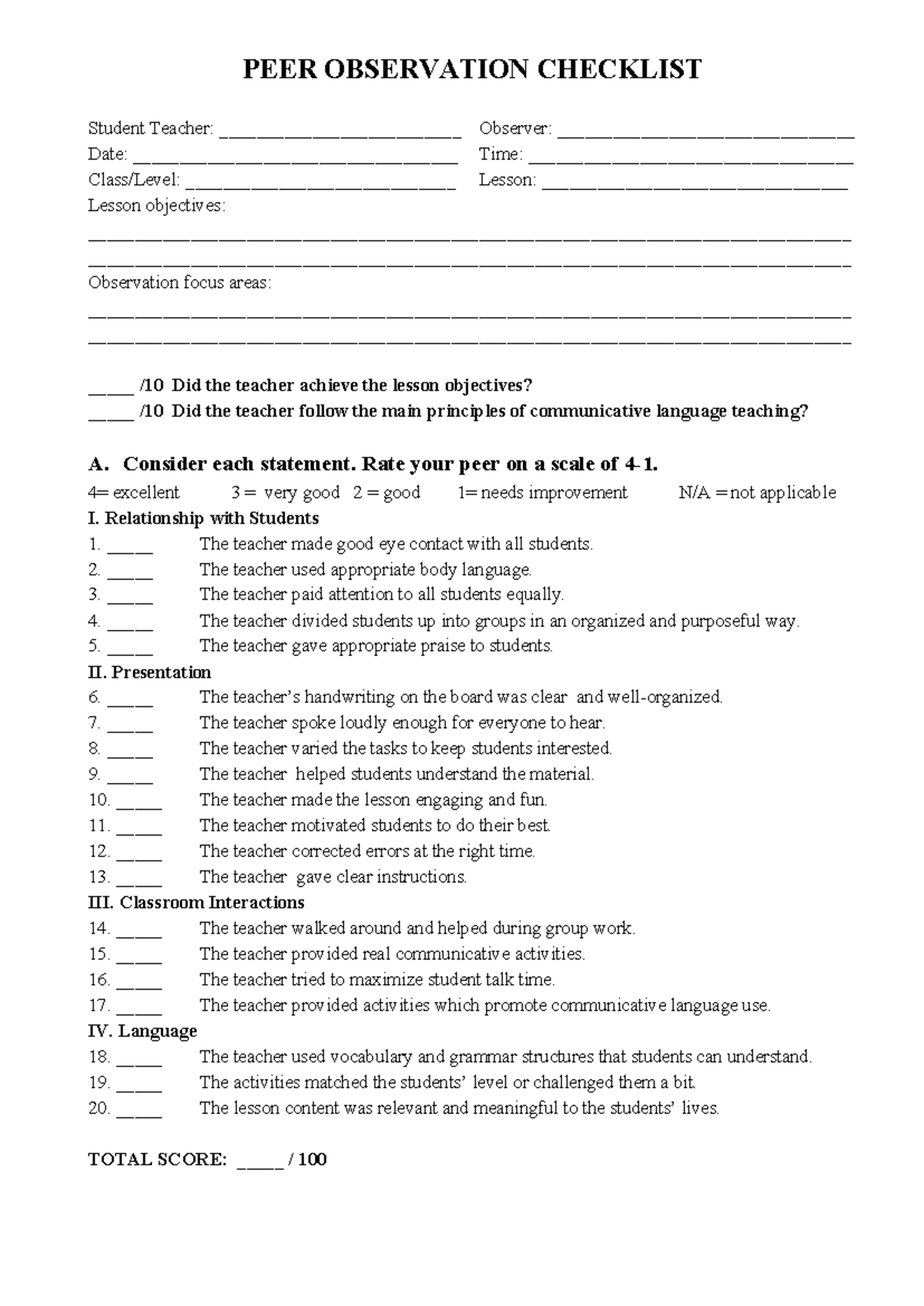 PEER OBSERVATION CHECKLIST (3. Self) for Student Teachers - Studocu