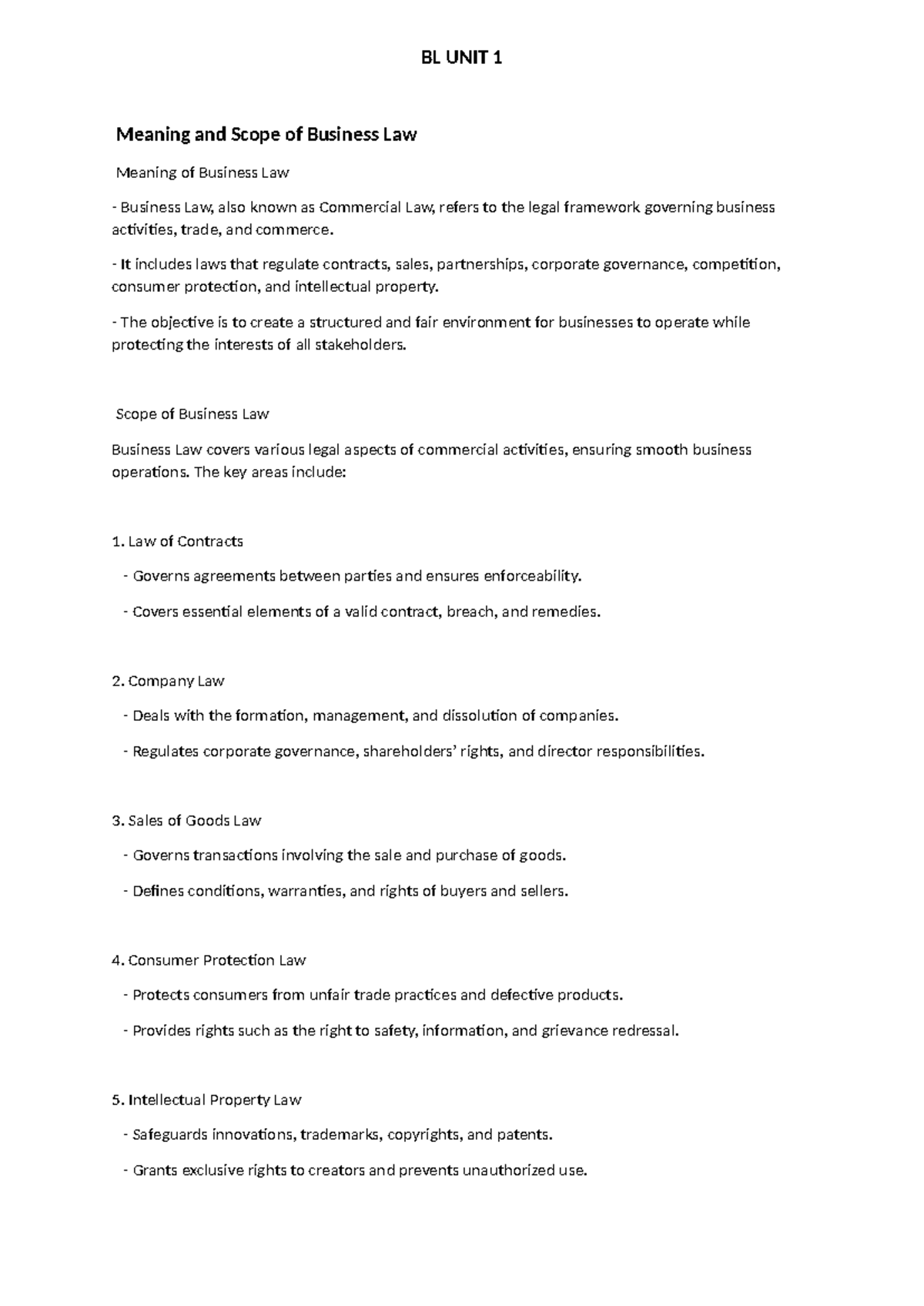 BL UNIT 1: Overview of Business Law and Its Key Components - Studocu