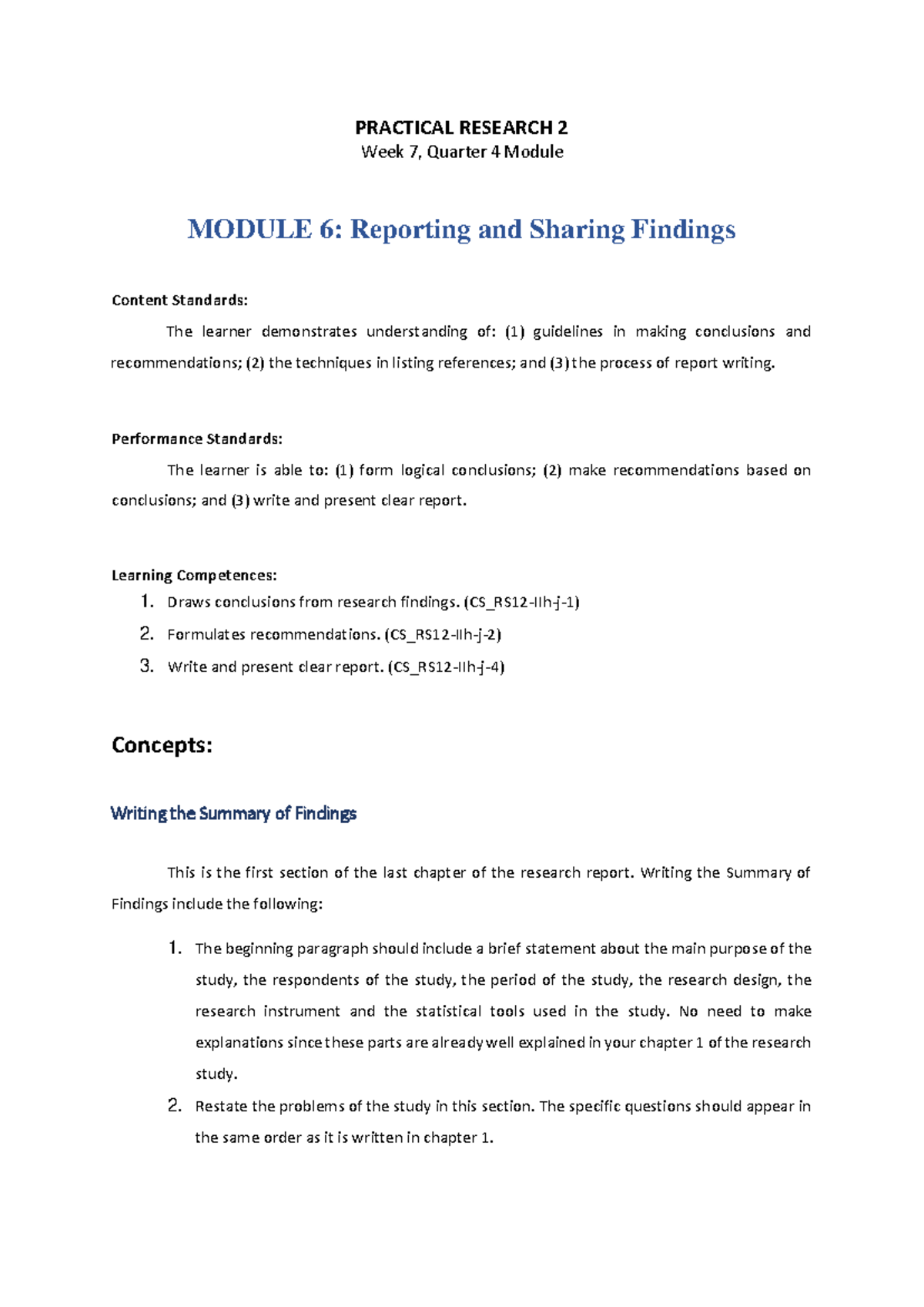 Q4 W7 Practical Research 2: Reporting Findings & Conclusions - Studocu