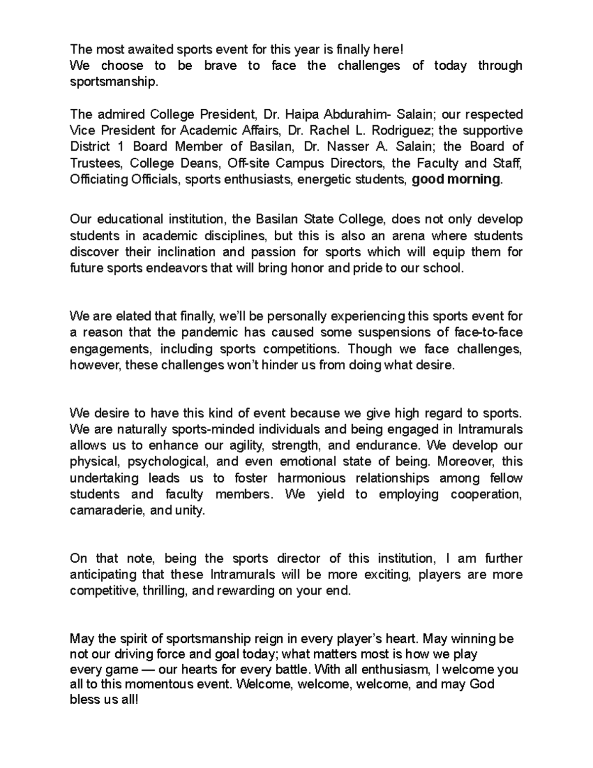 Intrams 23: Speech to Welcome Participants and Guests - Studocu