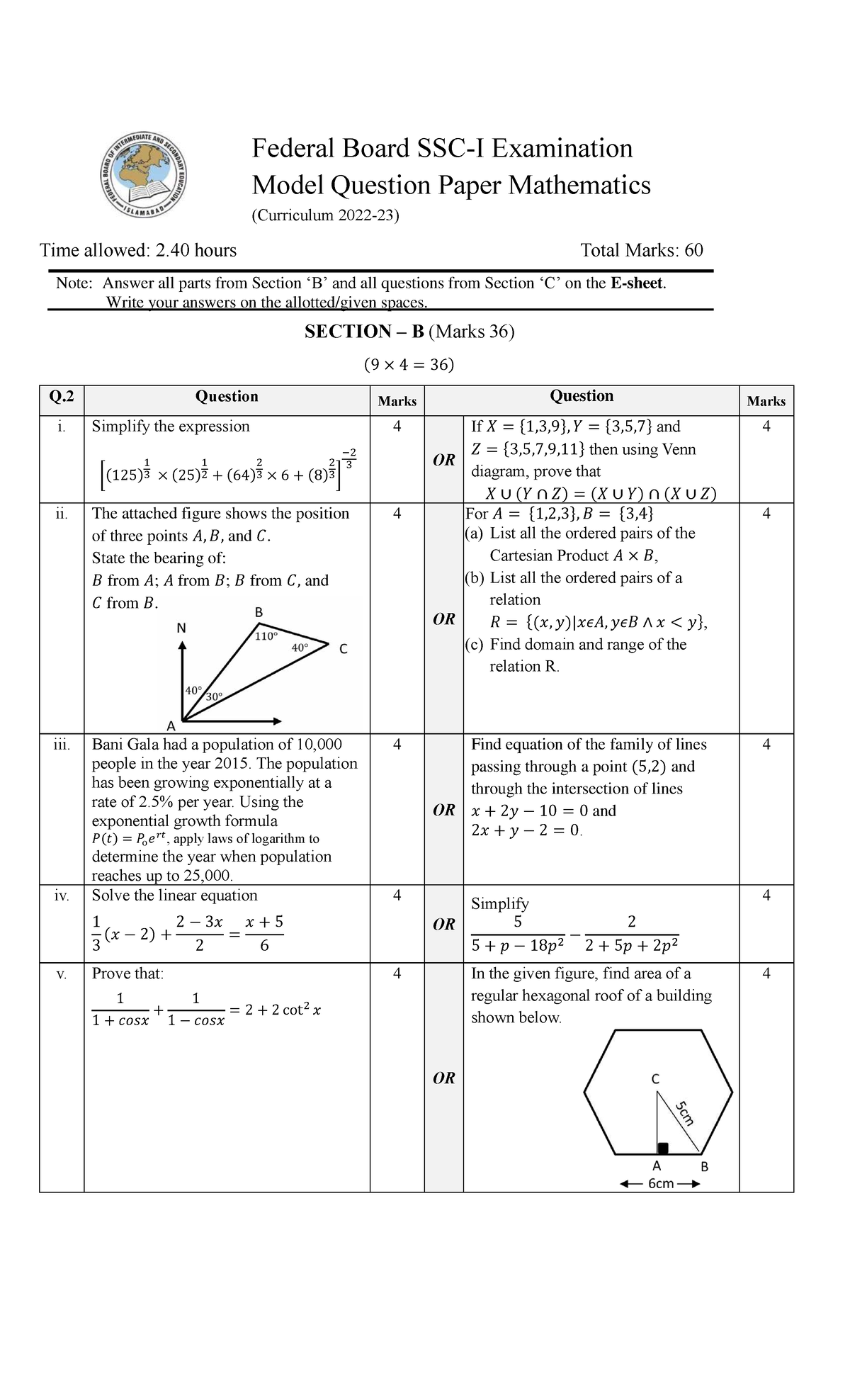 Past Papers Fbise Model Question Paper Mathematics SSC-I-2 - Federal ...