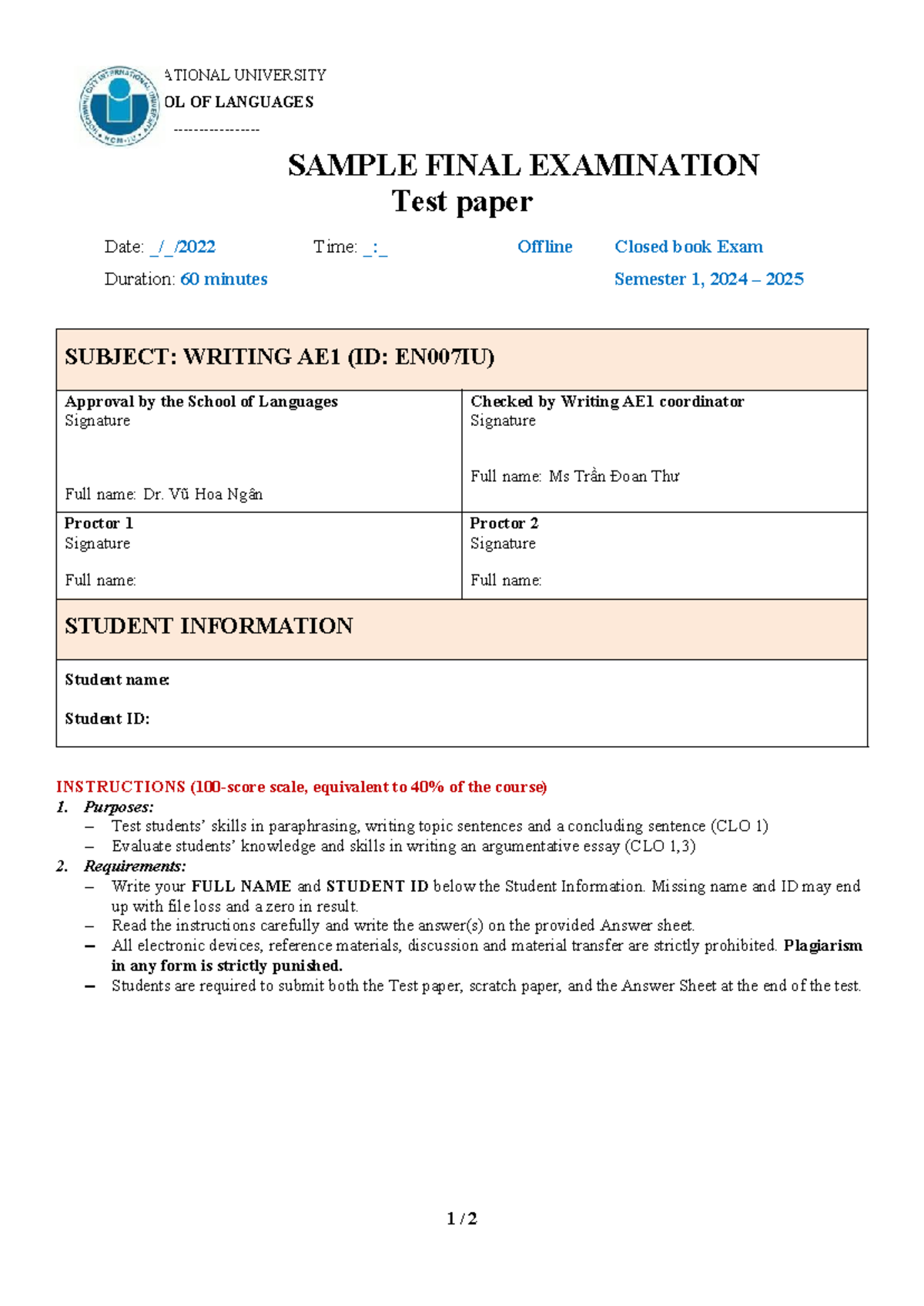 AE1 Writing Final Exam Sample Test (EN007IU) - 2024 - Studocu