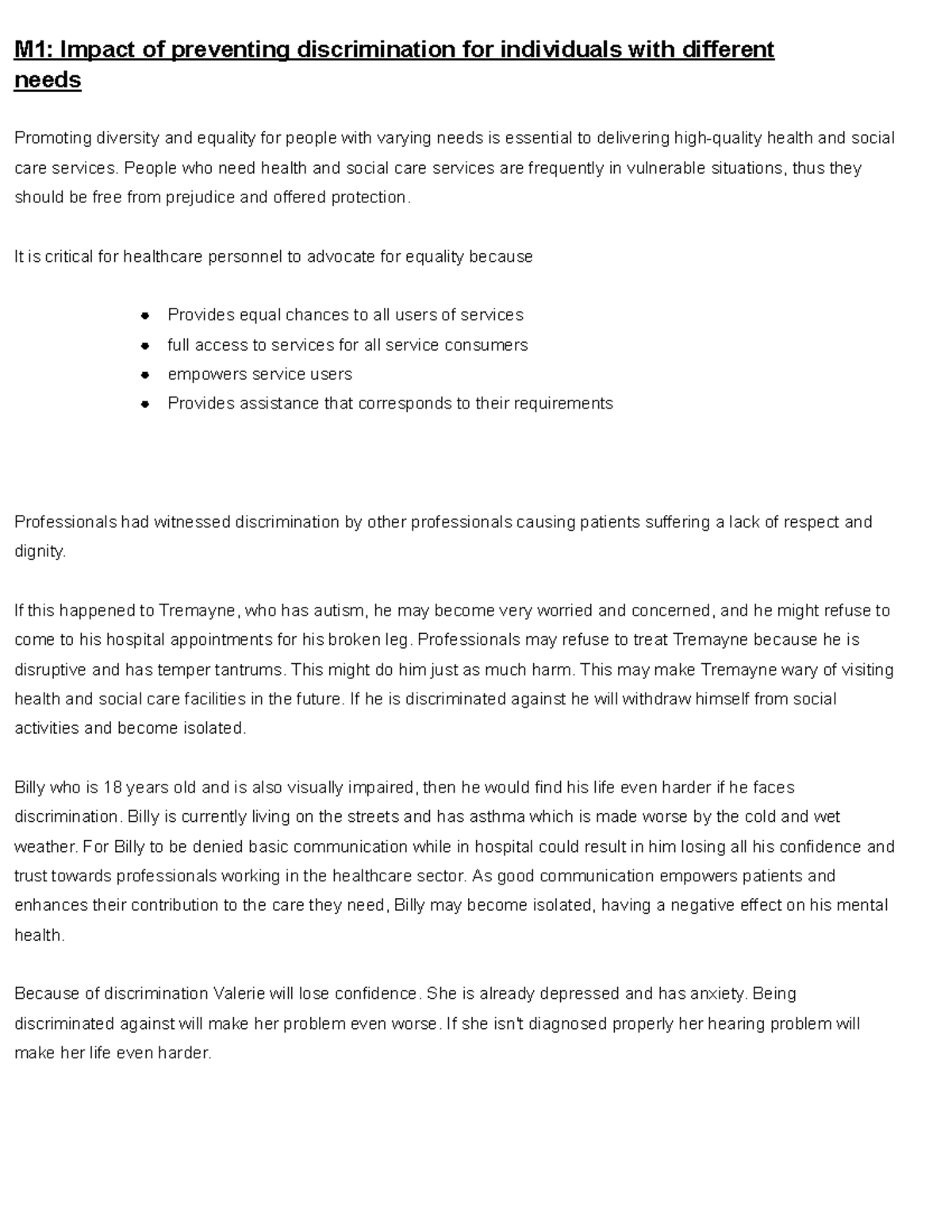 M1: Impact of Preventing Discrimination in Health & Social Care - Studocu
