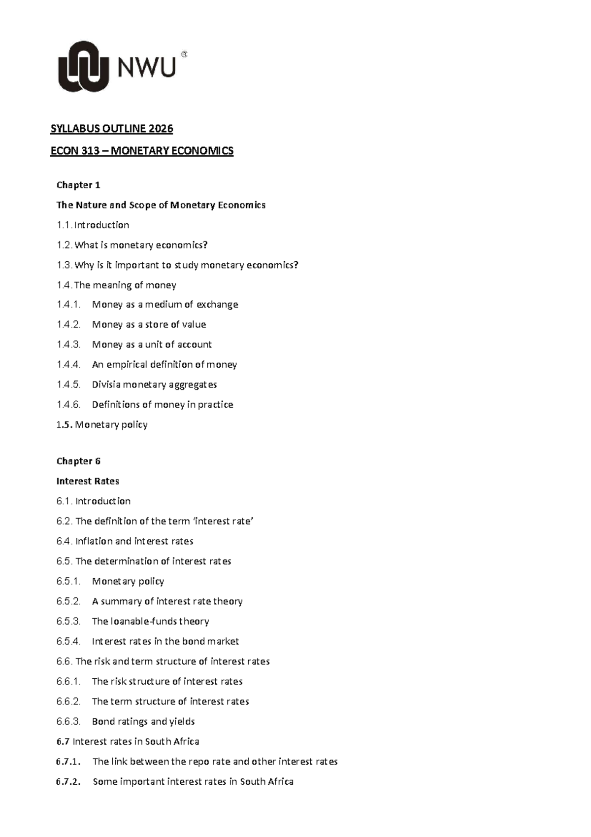 ECON 313 Syllabus Outline: Monetary Economics Overview and Key Concepts ...