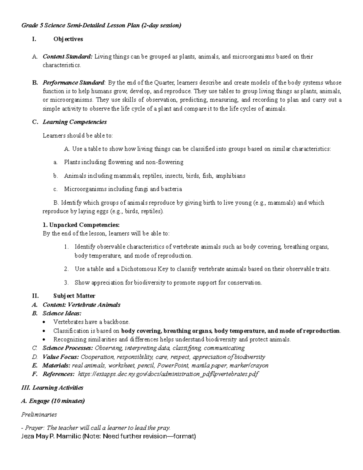 Grade 5 Science Lesson Plan: Classifying Vertebrate Animals - Studocu