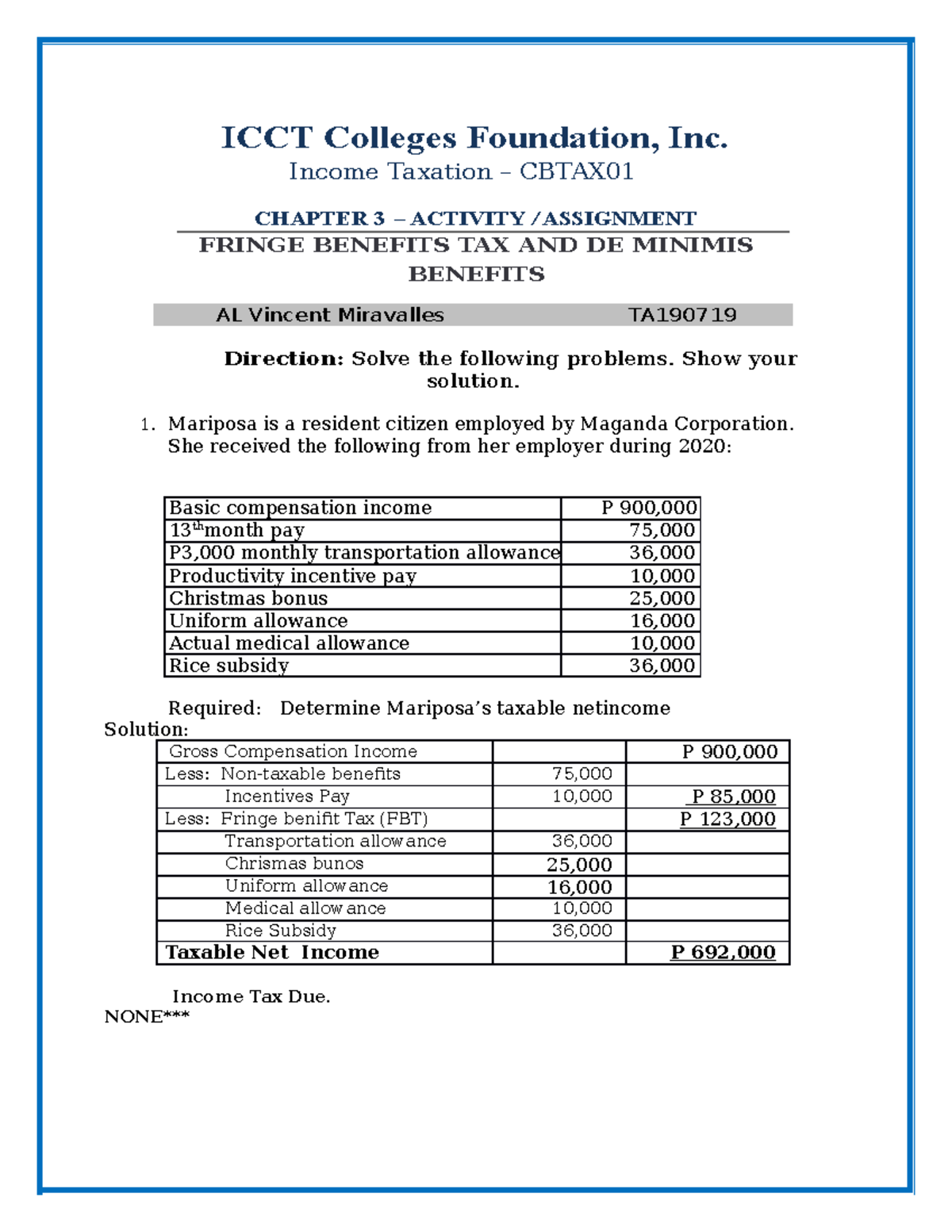 Tax lesson 3 - Answer - ICCT Colleges Foundation, Inc. Income Taxation ...