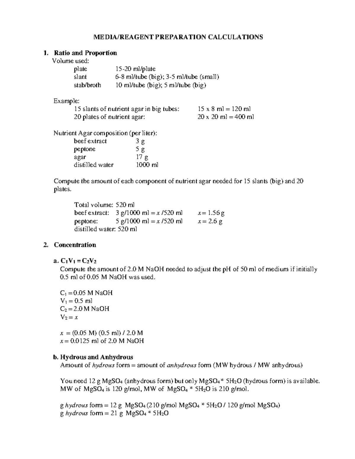 Media and Reagent Prep Calculations for Lab Applications - Studocu
