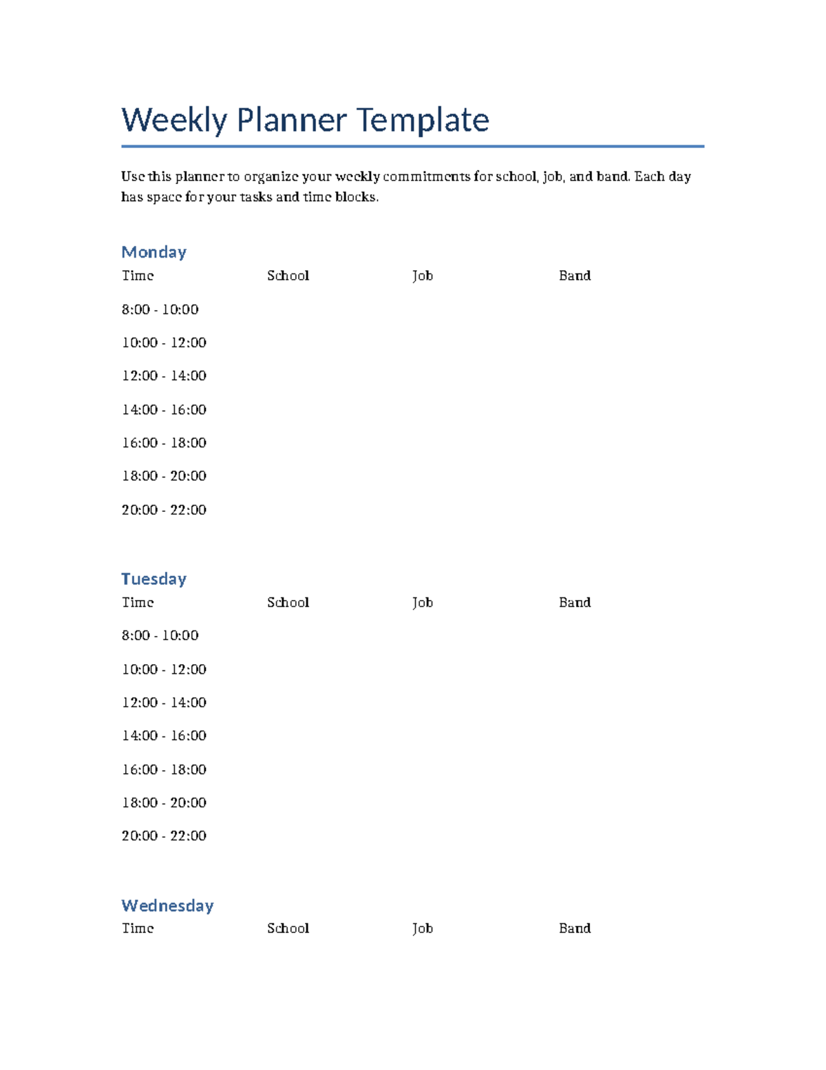 Weekly Planner Template - Each day has space for your tasks and time ...