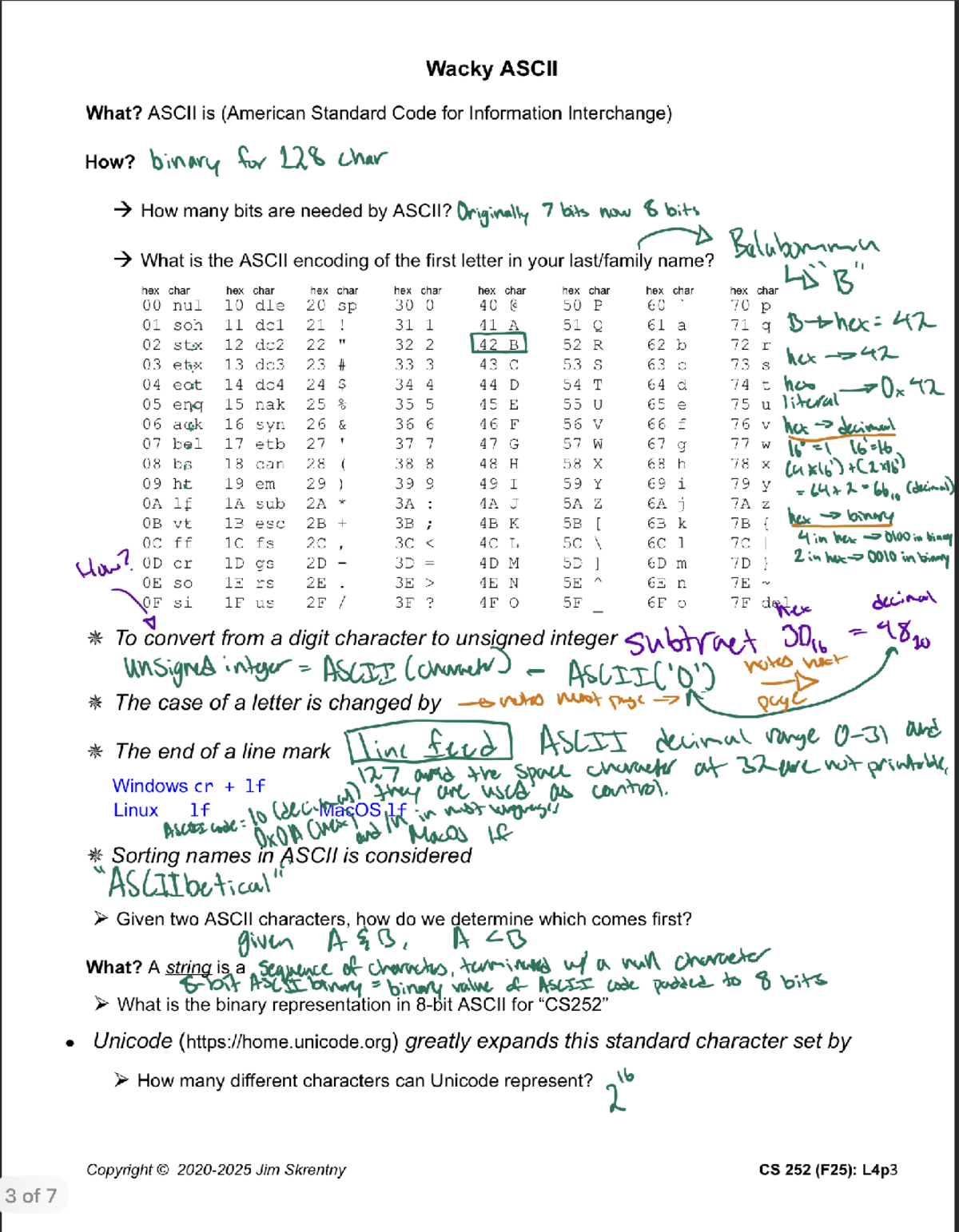 Lecture 4 notes - Wacky ASCII What? ASCII is (American Standard Code ...