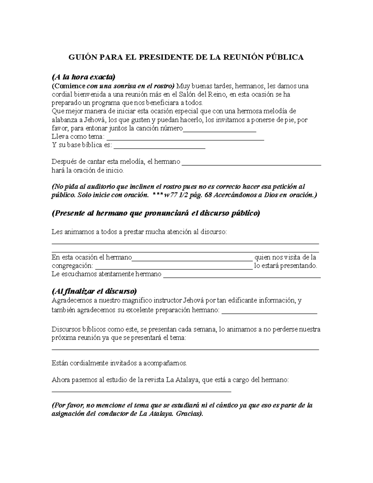 Guion para la Reunión Pública - Instrucciones y Programa - Studocu