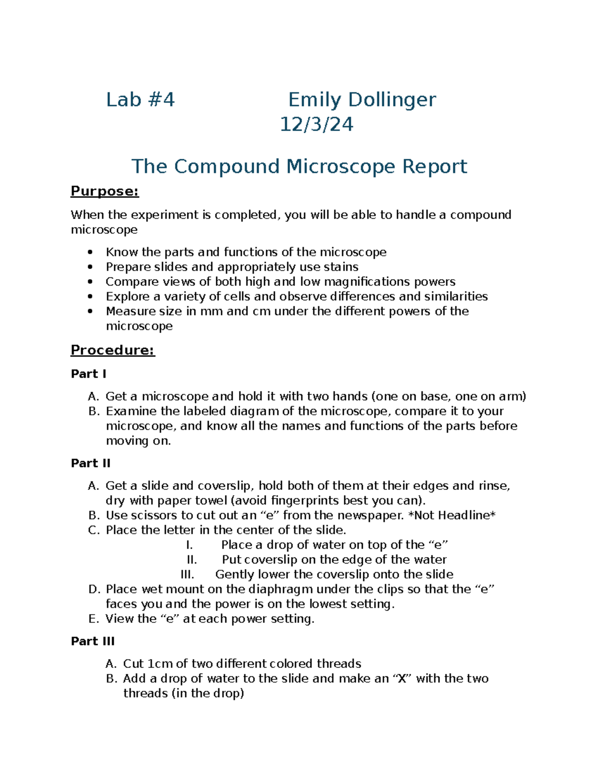 Lab #4: Compound Microscope Report & Observations - Lab #4 Emily Dollinger 12/3/ The Compound ...