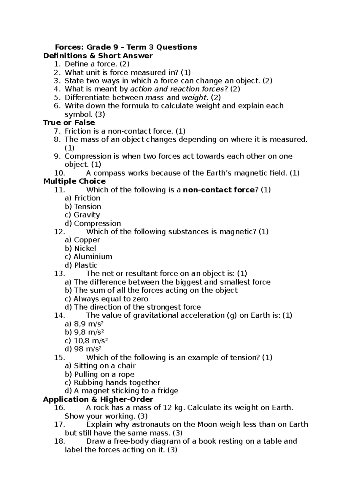 Forces: Grade 9 Natural Science Term 3 Q&A Guide - Studocu