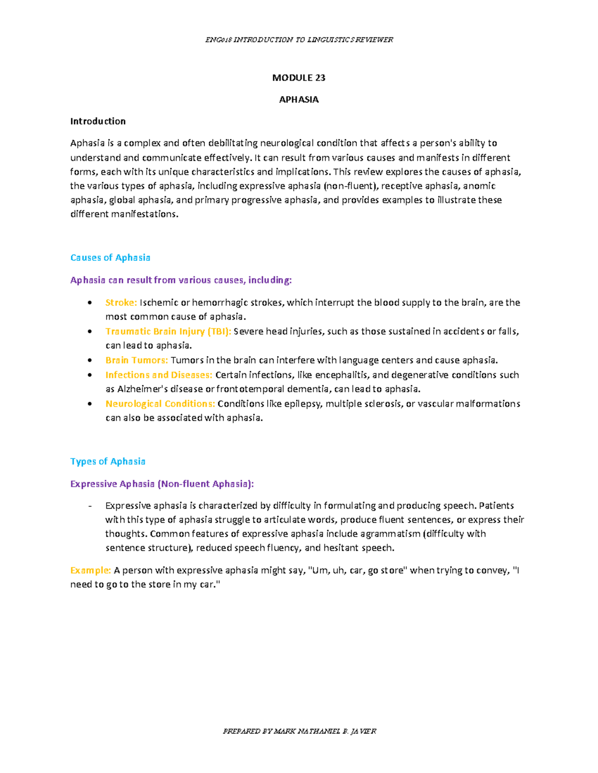 ENG018 INTRODUCTION TO LINGUISTICS REVIEWER MODULE 23 APHASIA - Studocu