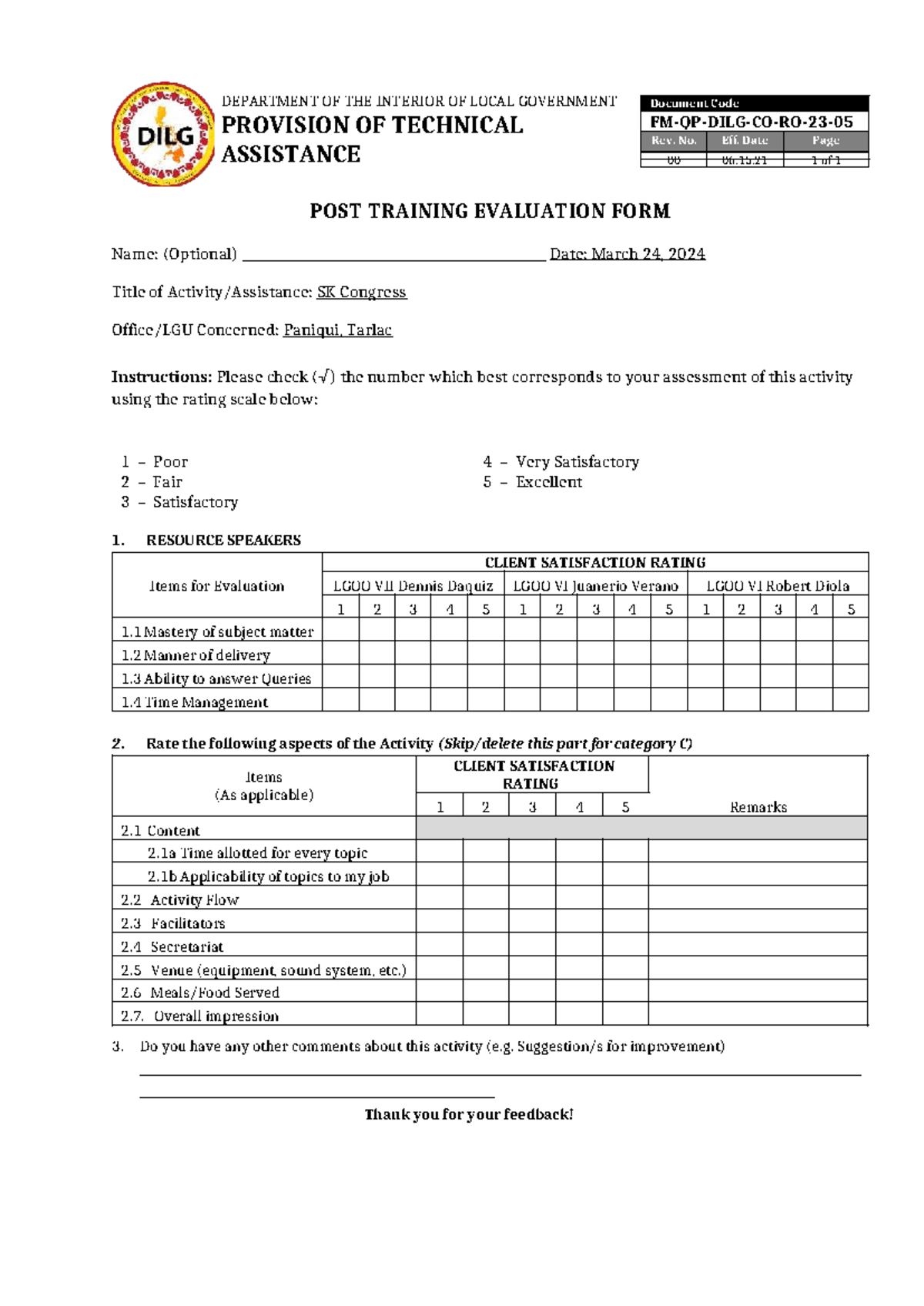 Paniqui DILG Post-Training Evaluation Form - March 2024 - Studocu