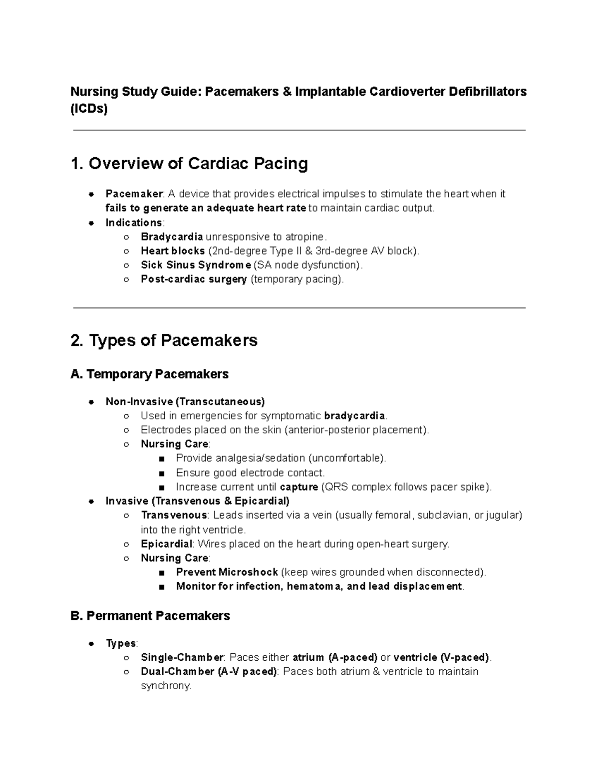 ICD & Pacemaker Nursing Guide - Lecture Notes on Cardiac Pacing - Studocu